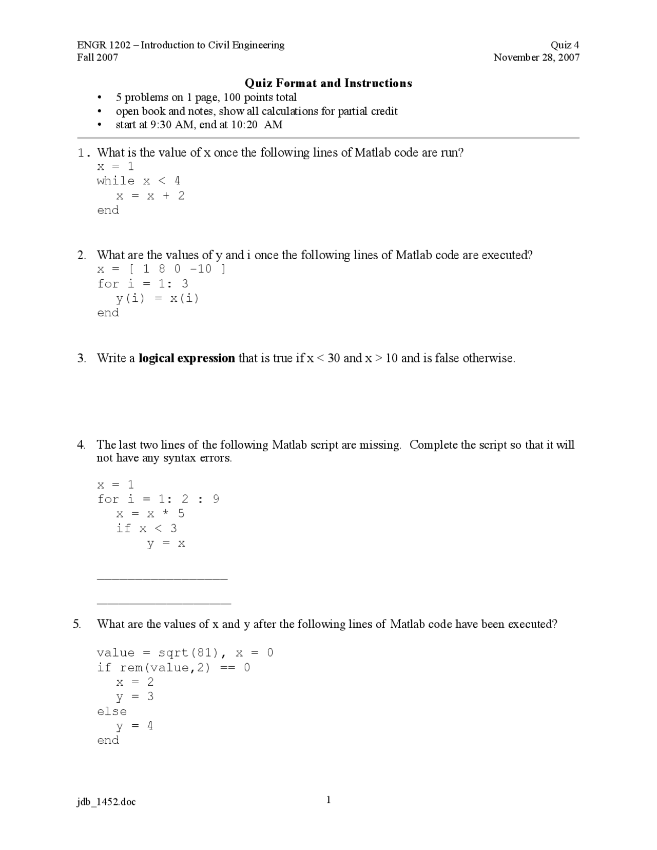 Quiz 4, MATLAB Code - Introduction to Civil Engineering | ENGR 1202 ...