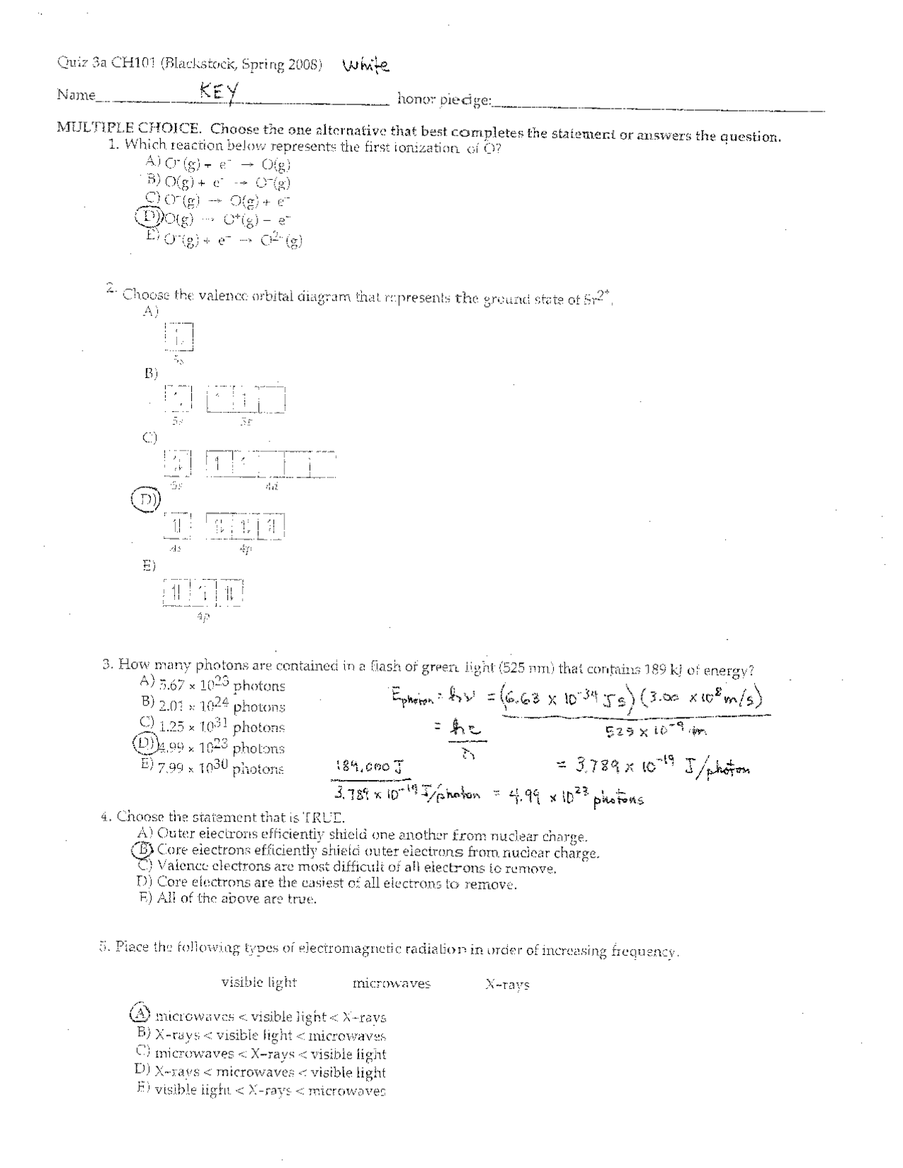 Quiz 3 Questions With Answer Key General Chemistry Ch 101 Docsity