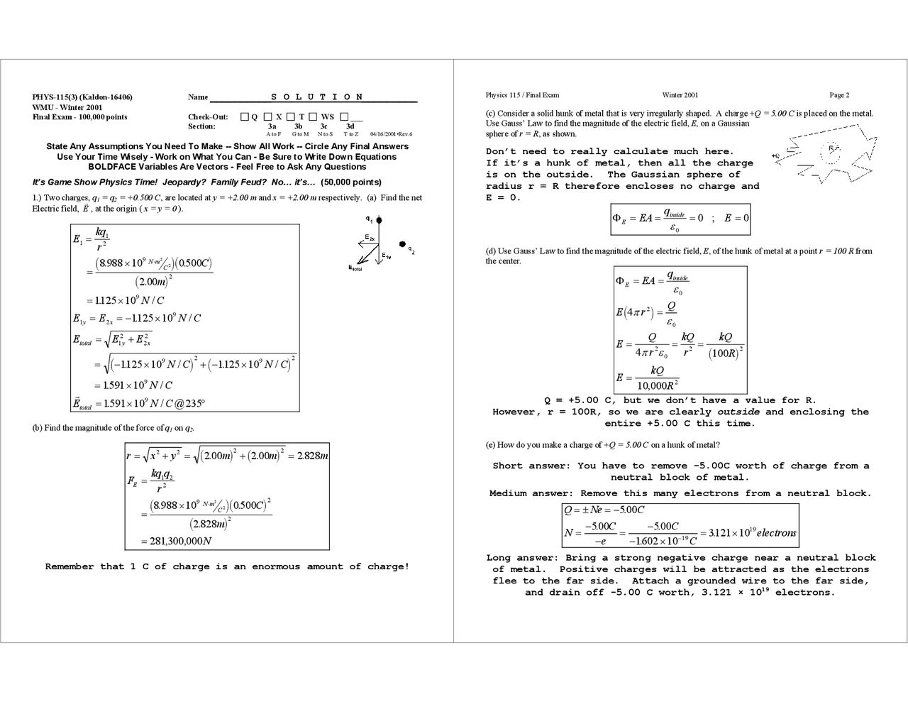Final Exam with Solutions - General Physics II | PHYS 1150 | Exams Physics | Docsity
