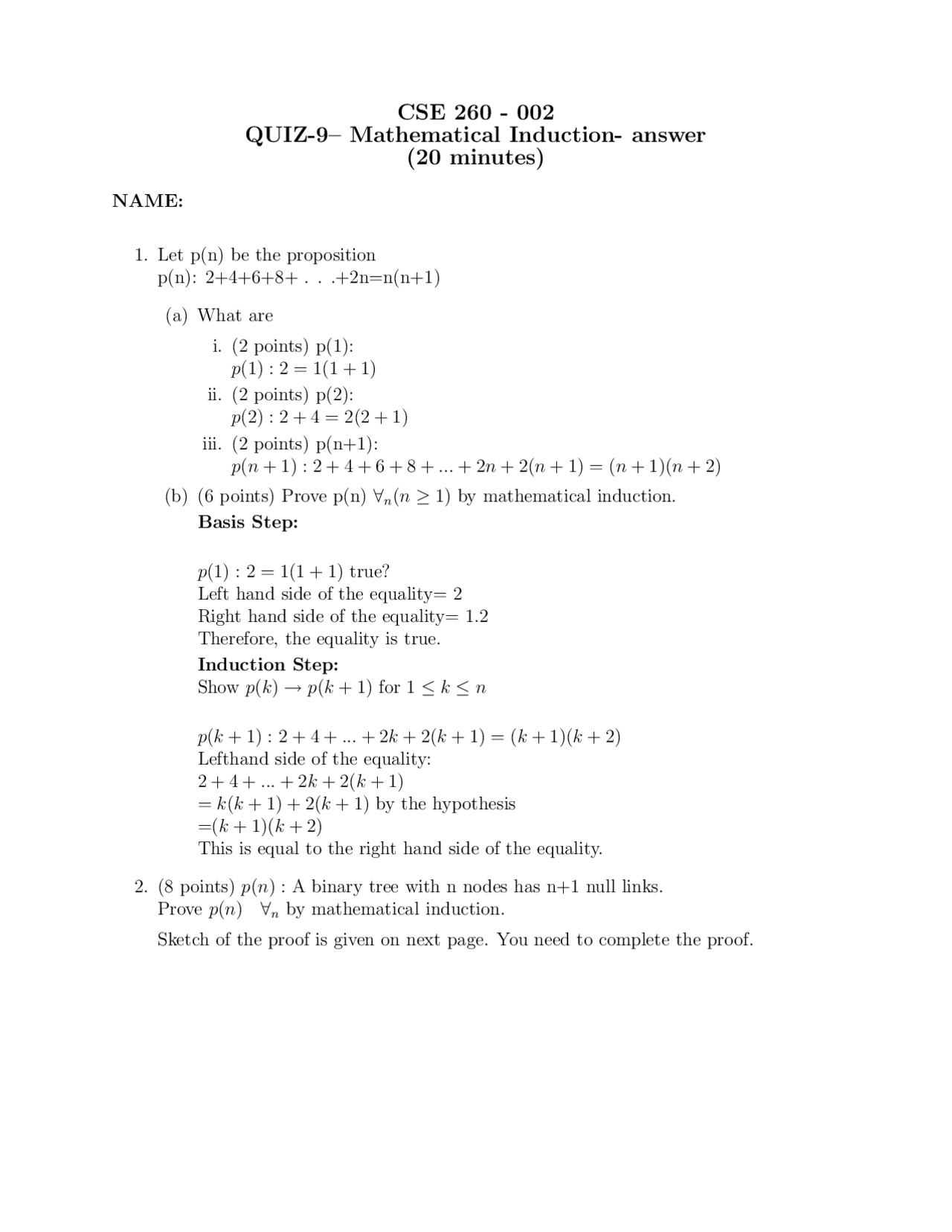 Quiz 9 Answers Mathematical Induction Cse 260 Quizzes Discrete Structures And Graph Theory