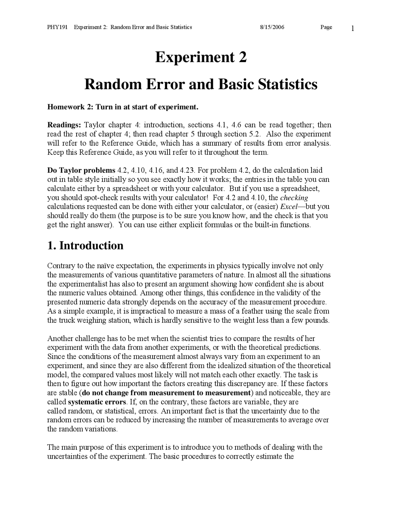 Experiment 2 for Random Error and Basic Statistics | PHY 191 - Docsity