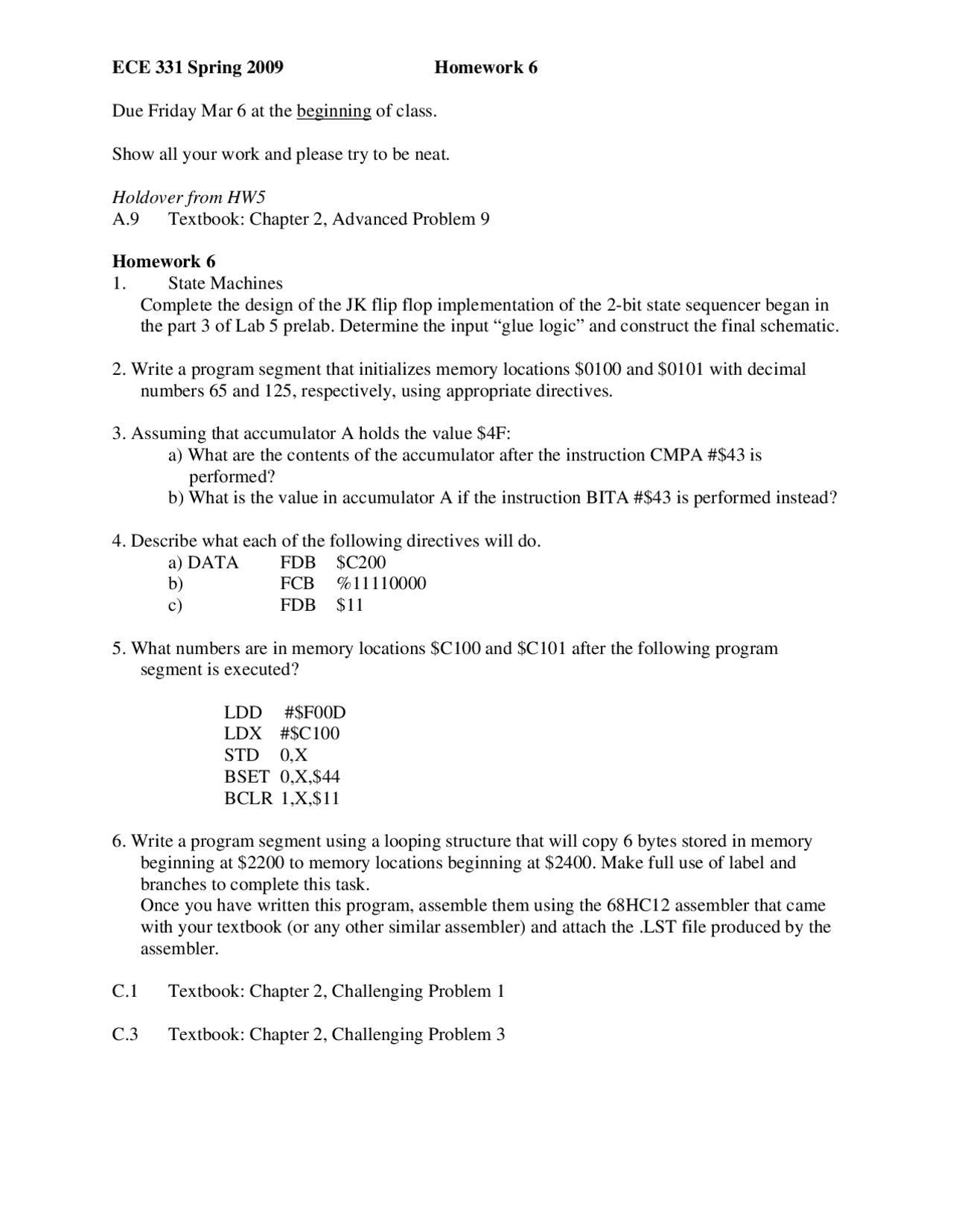 Homework 6 For Microprocessors And Digital Systems Ece 331 Docsity