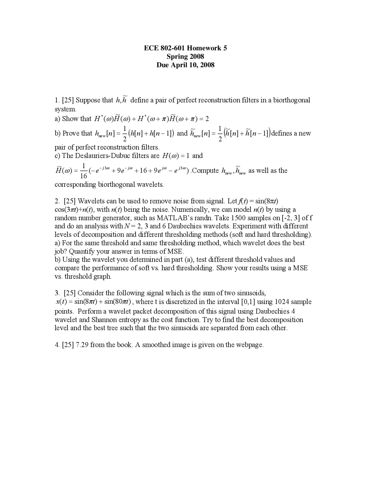 Homework 5 Problems Selected Topics Ece 802 Docsity