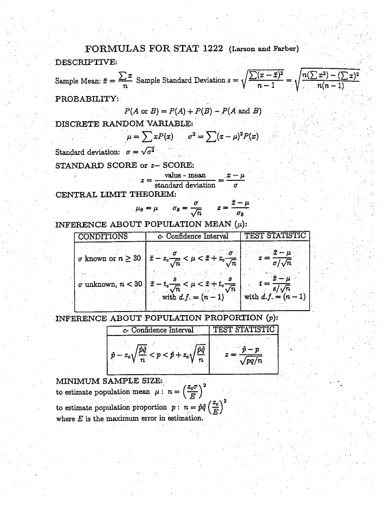 Sample Mean, Probability, Discrete Random Variables - Formulas | STAT ...