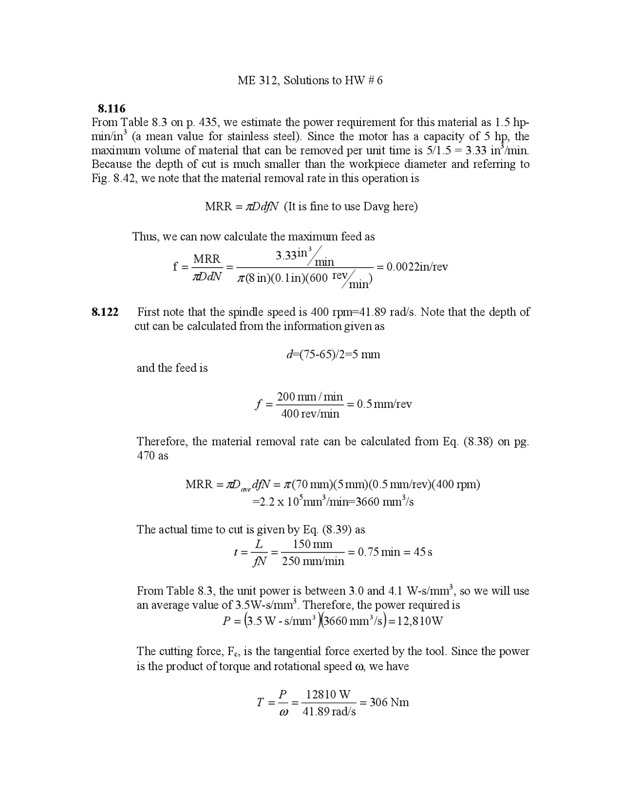 Solutions To Homework 6 For Manufacturing Processes M E 312