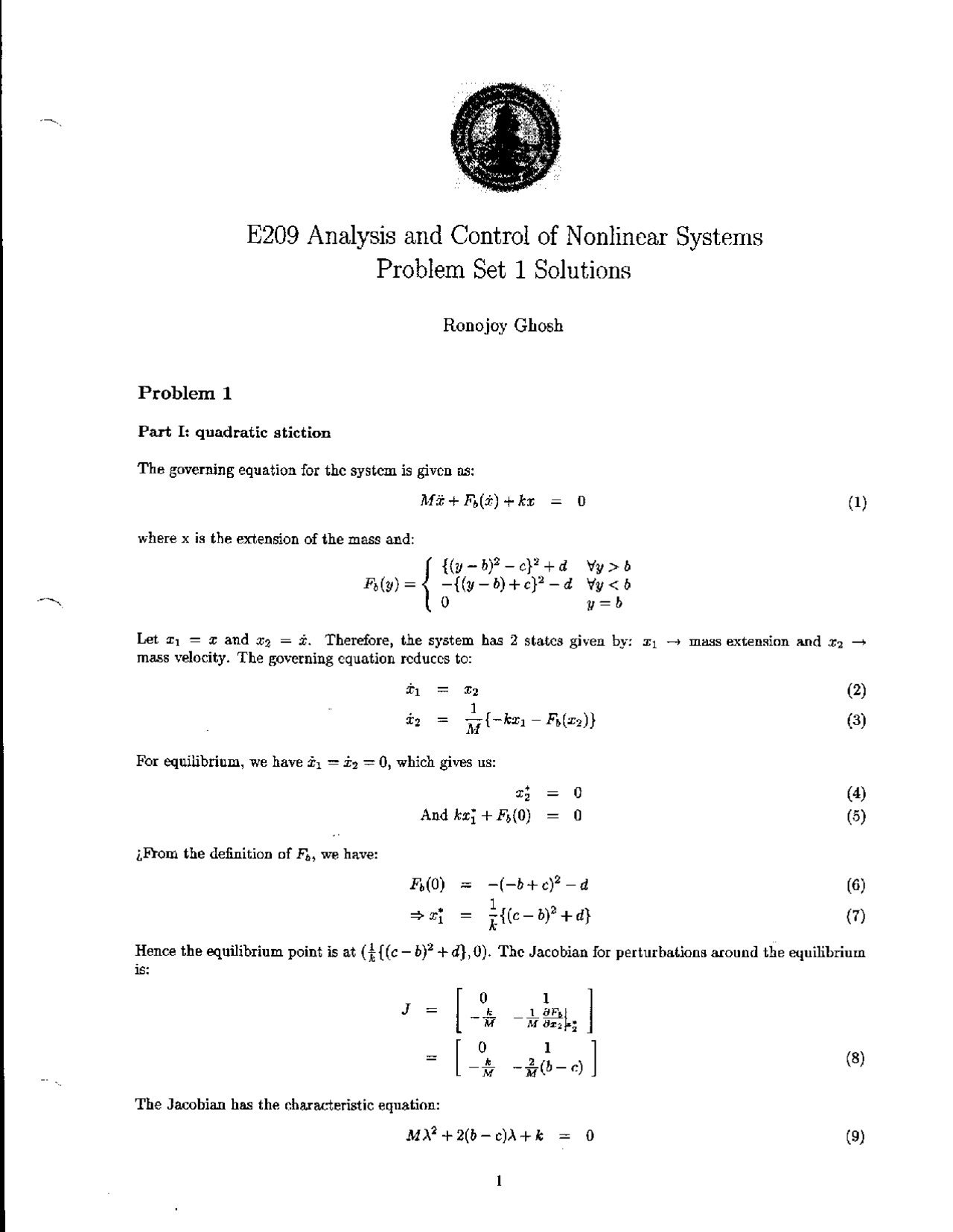 Advanced Nonlinear Control System Problem Set I Solutions E C E 874