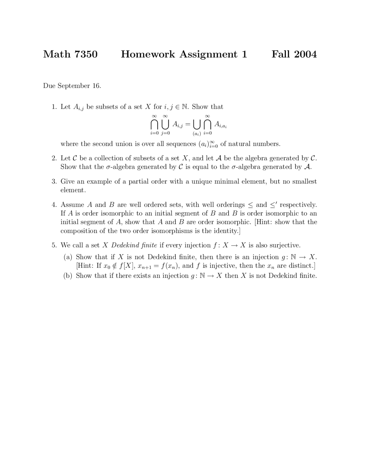 Homework 1 Solutions - Real Variable I | MATH 7350 - Docsity