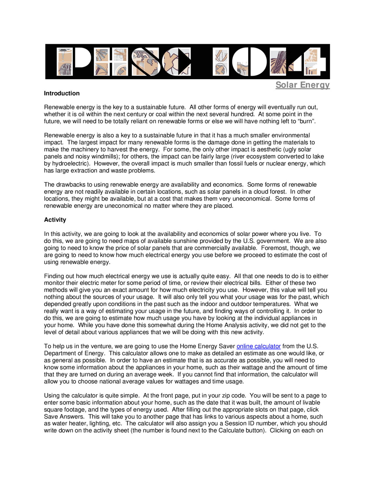 Renewable Energy Lecture Notes Phsc 1014 Docsity