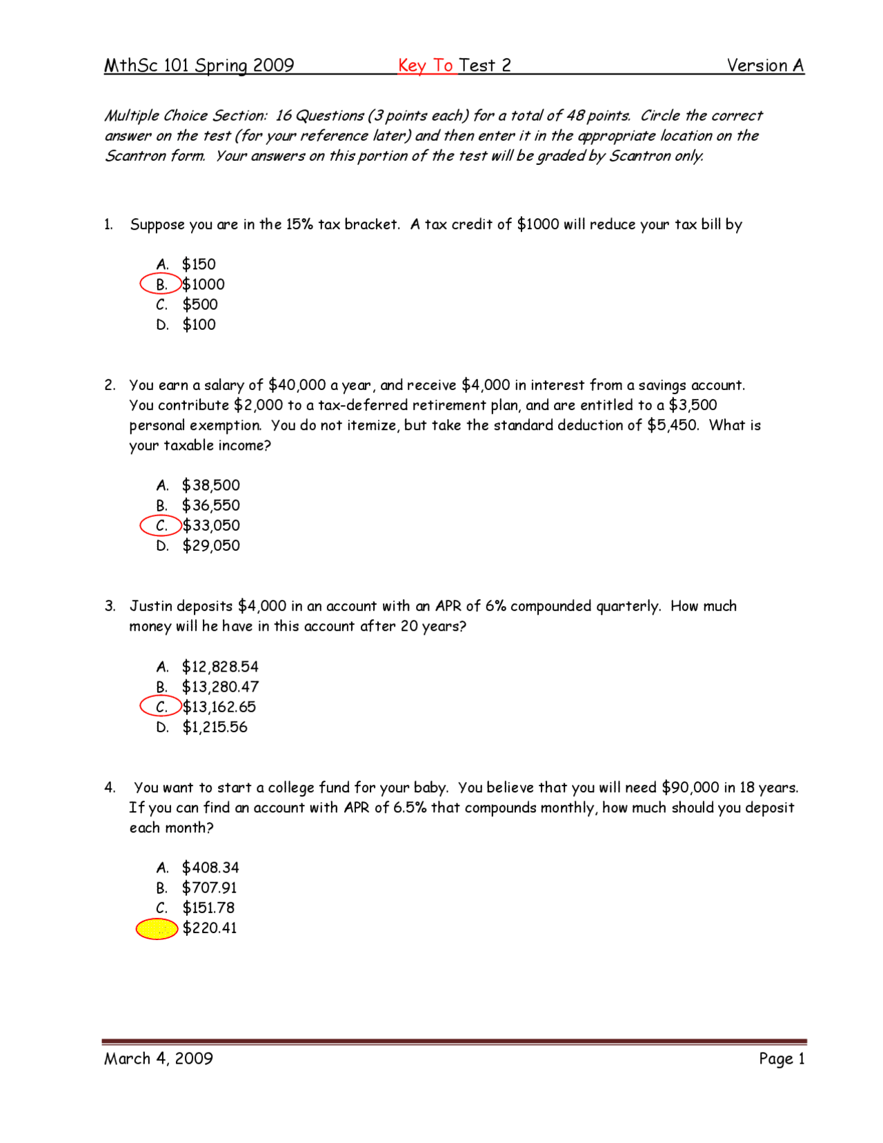 Answer Key To Test 2 Essential Math Mthsc 101 Docsity