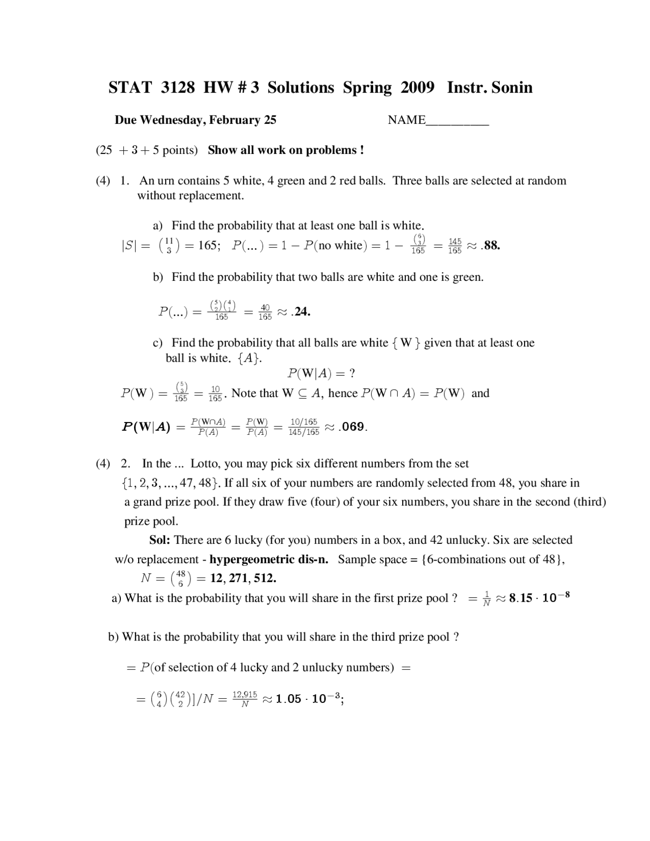 Homework 3 With Solutions Actuarial Science I Math 3128