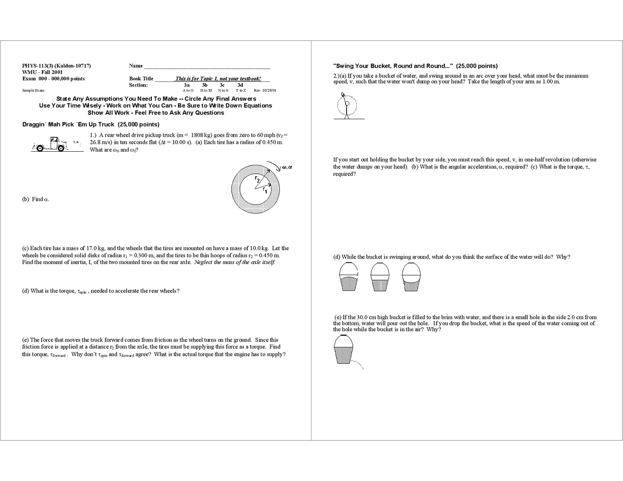 Exam 3 General Physics I Fall 2001 Phys 1130 Docsity
