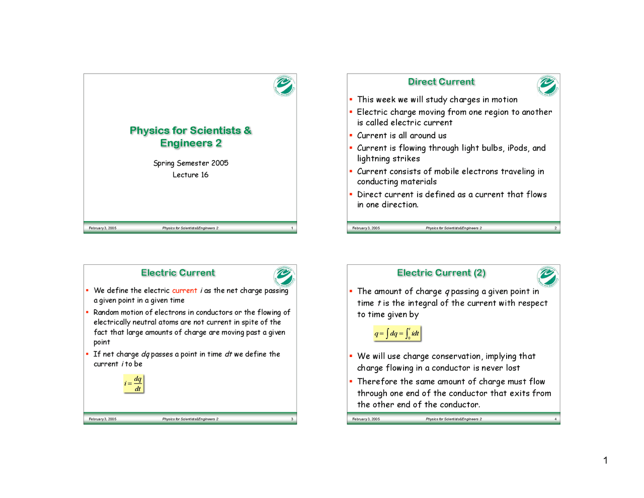 Electric Current Lecture Slides Phy 184 Docsity