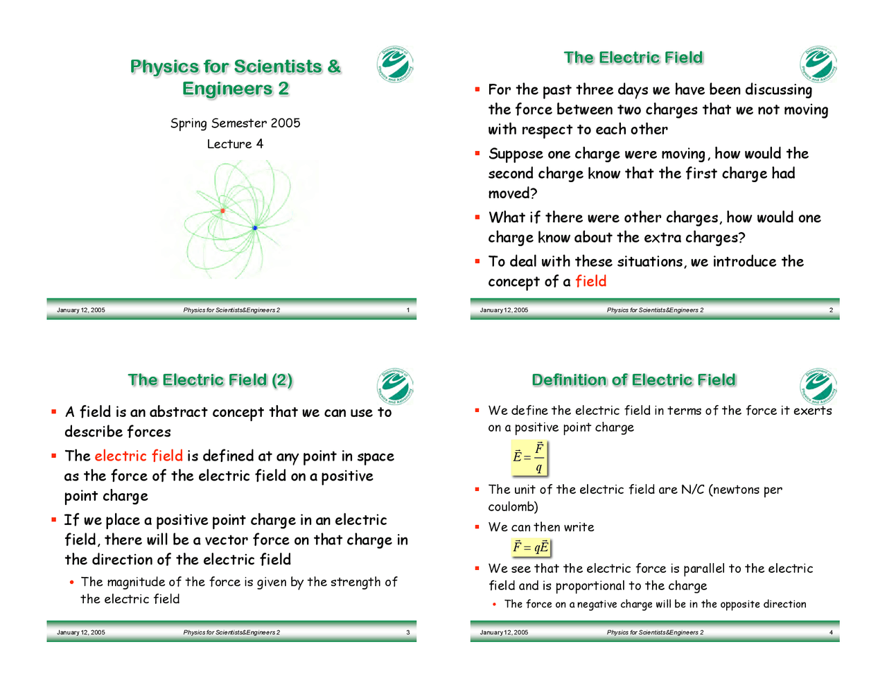 Electric Field Lecture Slides Phy 184 Docsity