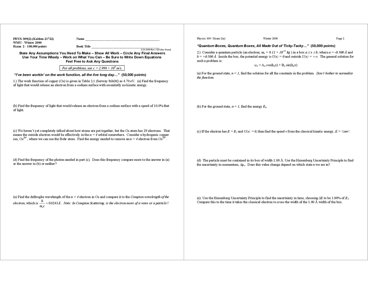 Introduction To Modern Physics Exam 2 Phys 3090 Docsity