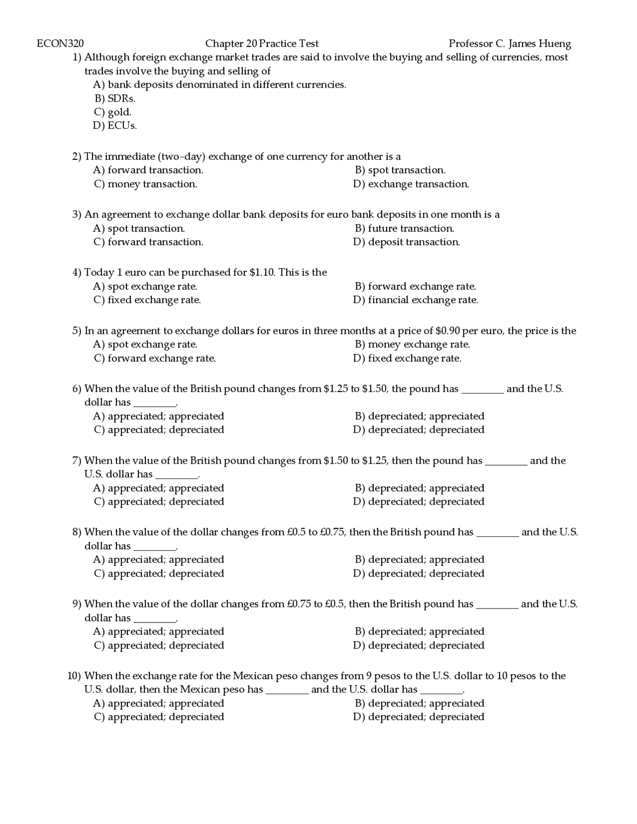 Questions On Money And Banking For Exam 20 Econ 3200 Docsity