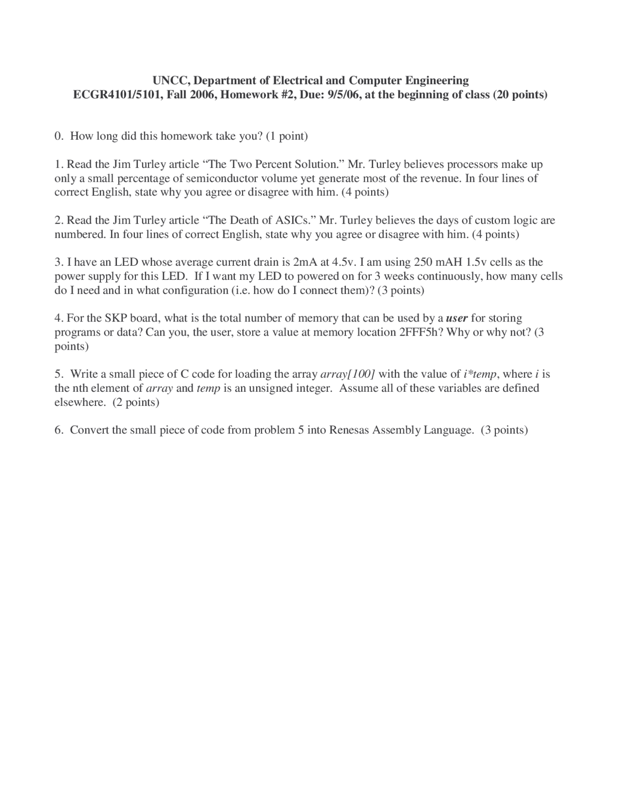 Embedded Systems Homework 2 Questions Ecgr 4101 Docsity
