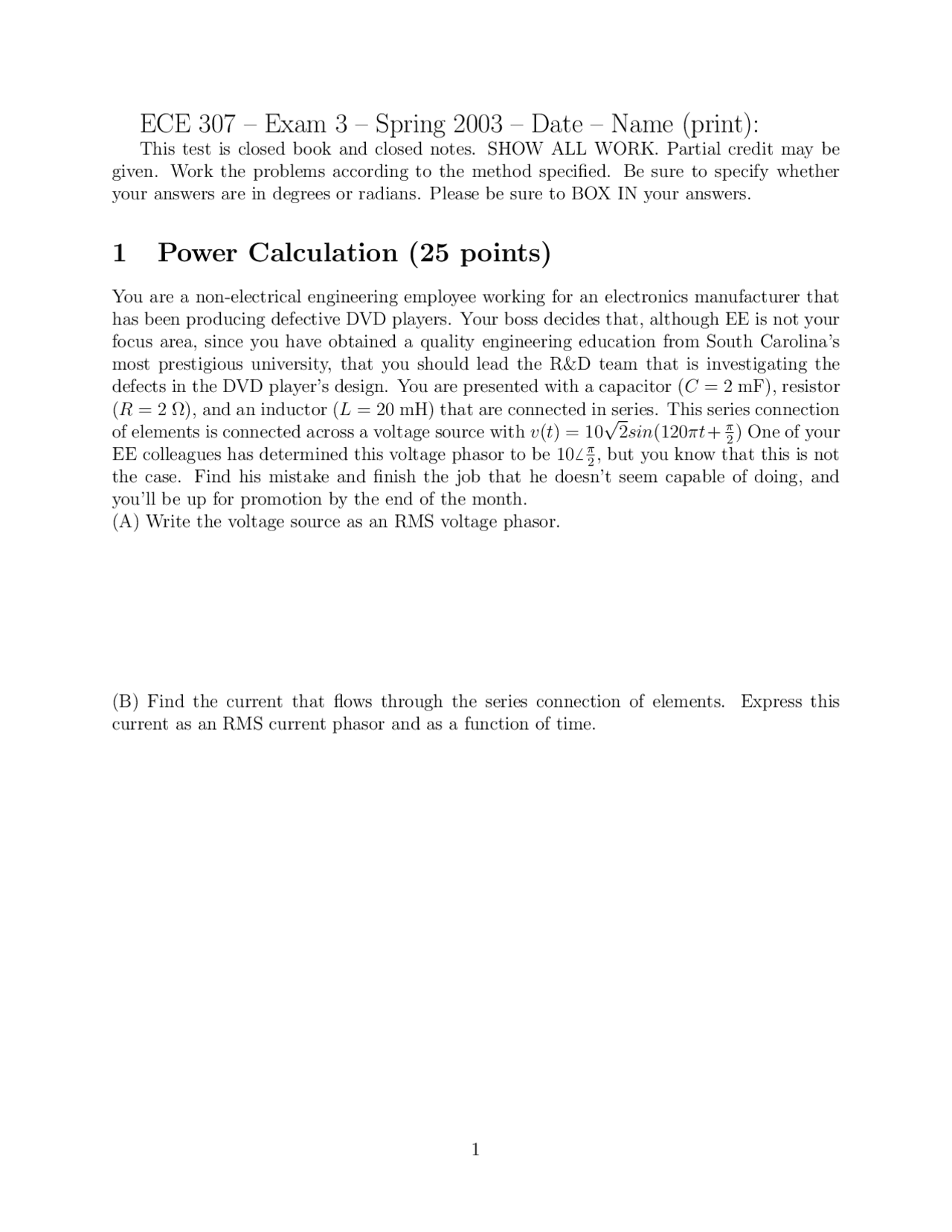 Exam 3 Power Calculation - Basic Electrical Engineering | E C E 307 ...