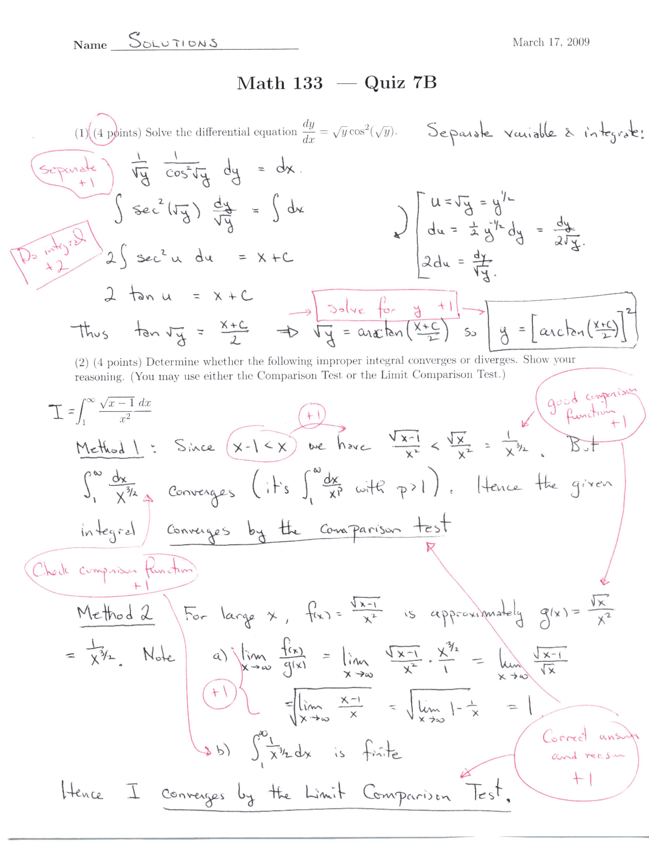 Quiz 7B Solutions | Calculus II | MTH 133 | Quizzes Calculus | Docsity