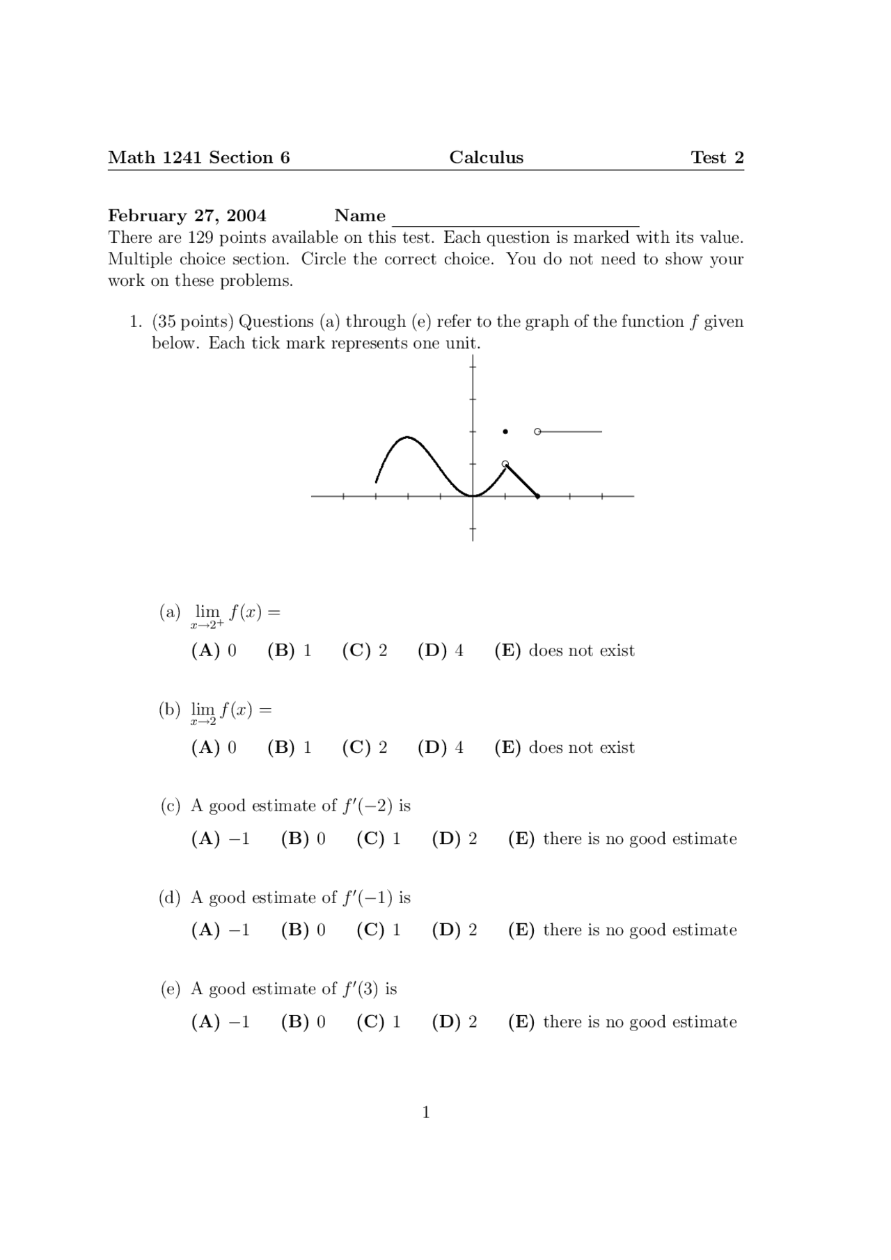 7 Questions On Calculus I Exam 2 Math 1241 Docsity