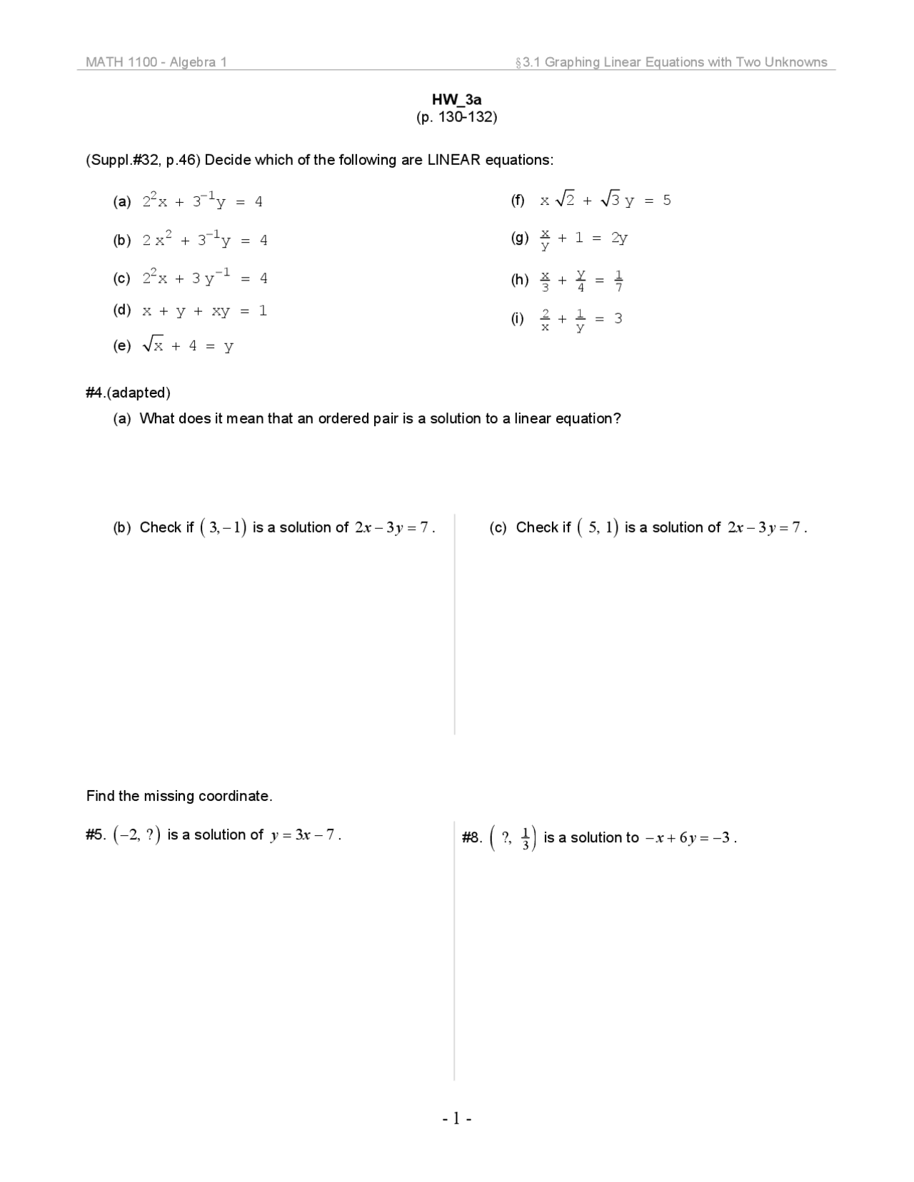 Graphic Linear Equations with Two Unknowns - Homework 3A | MATH 1100 ...