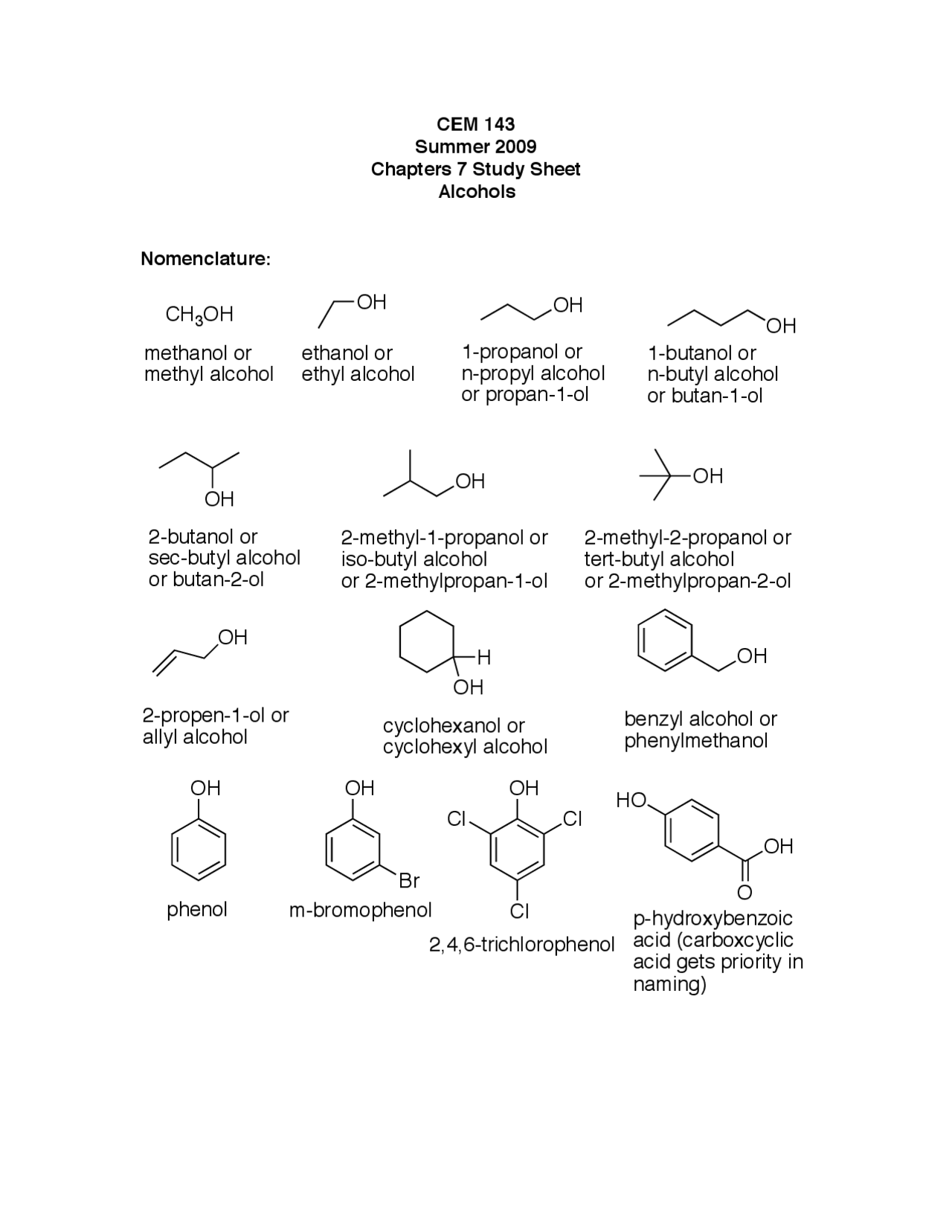 Alcohols - Survey of Organic Chemistry - Study Guide | CEM 143 - Docsity