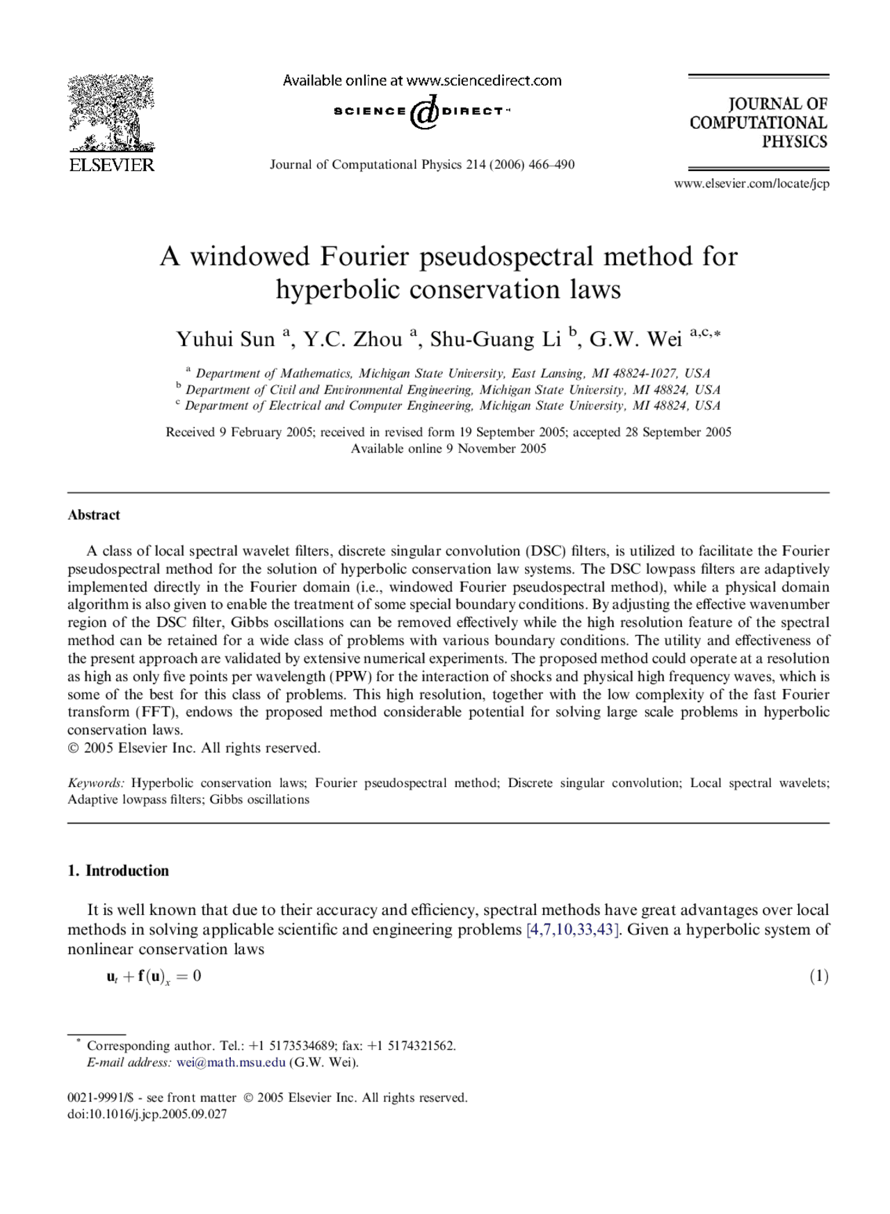 A Windowed Fourier Pseudospectral Method For Hyperbolic Conservation