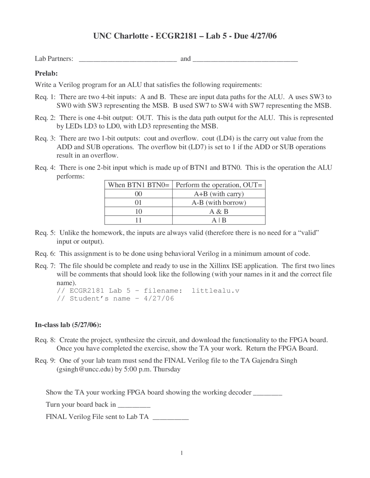 Laboratory 5 Logic System Design I Ecgr 2181 Docsity