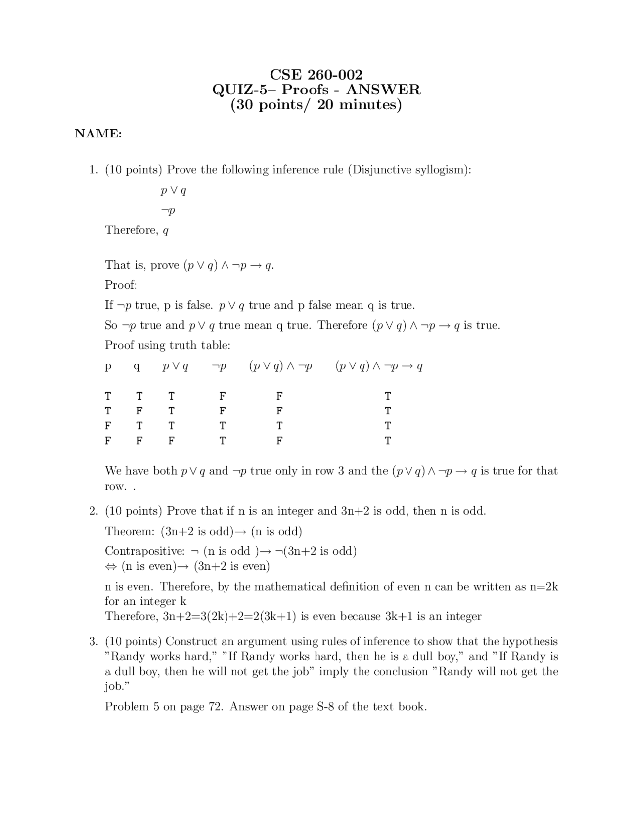 Quiz 5 With Answer Discrete Structures Computer Science Cse 260 Docsity