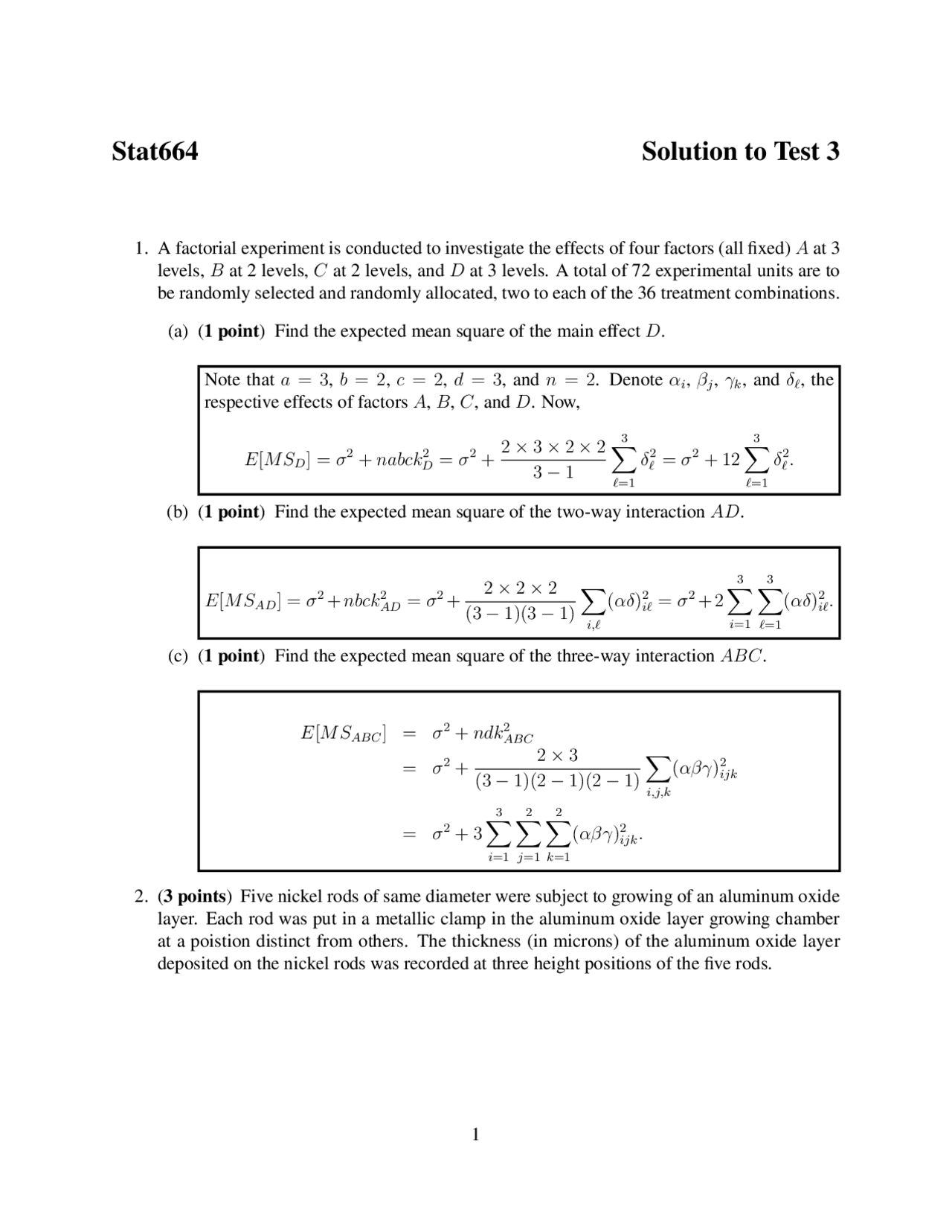 Solution Test 3 Design Of Experiments I Stat 6640 Docsity