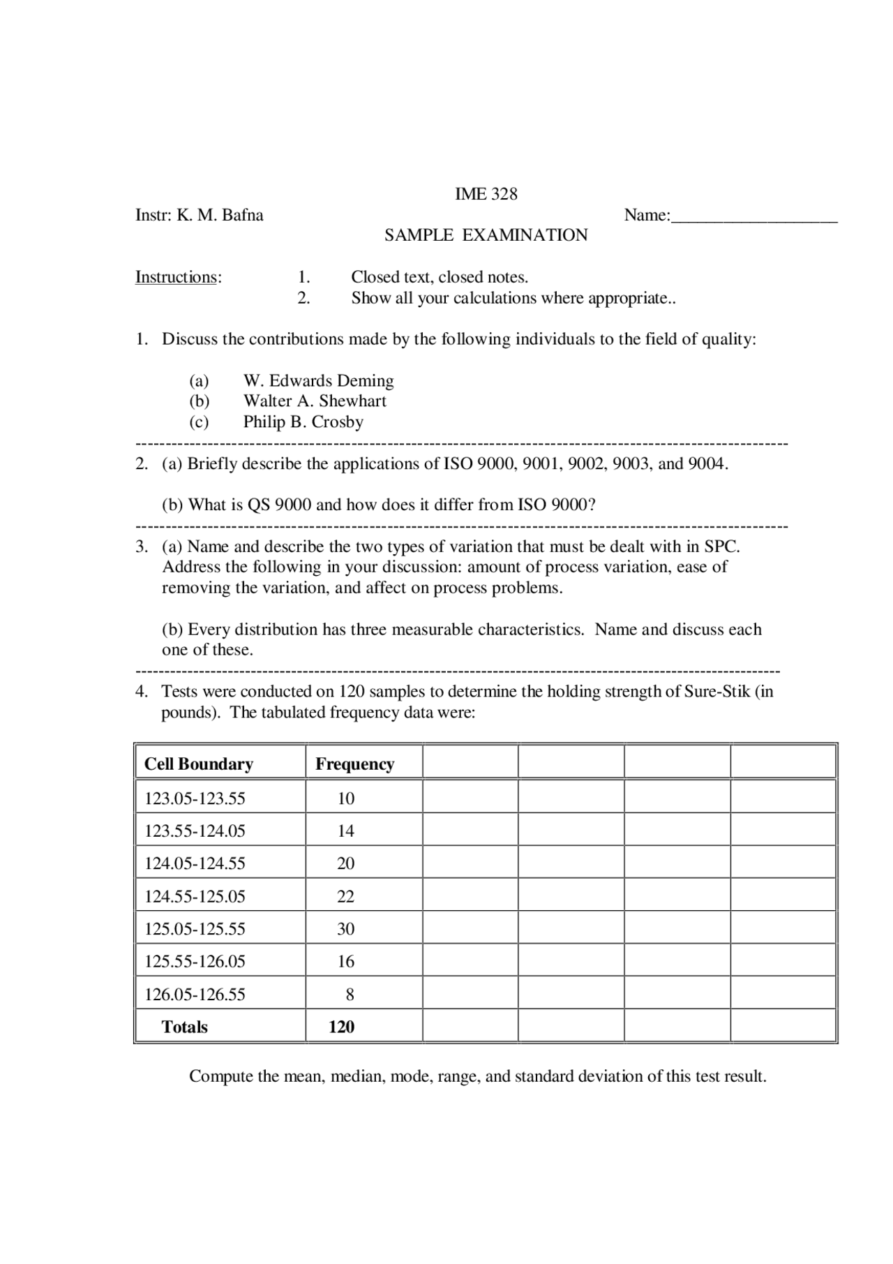 Sample Exam Questions - Quality Assurance and Control | IME 3280 - Docsity