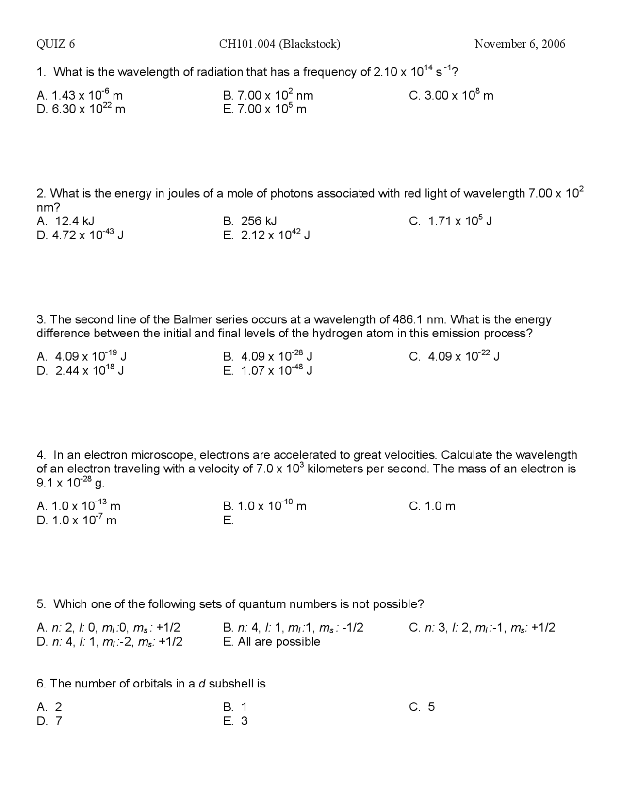 Practice Quiz 6 General Chemistry Ch 101 Docsity