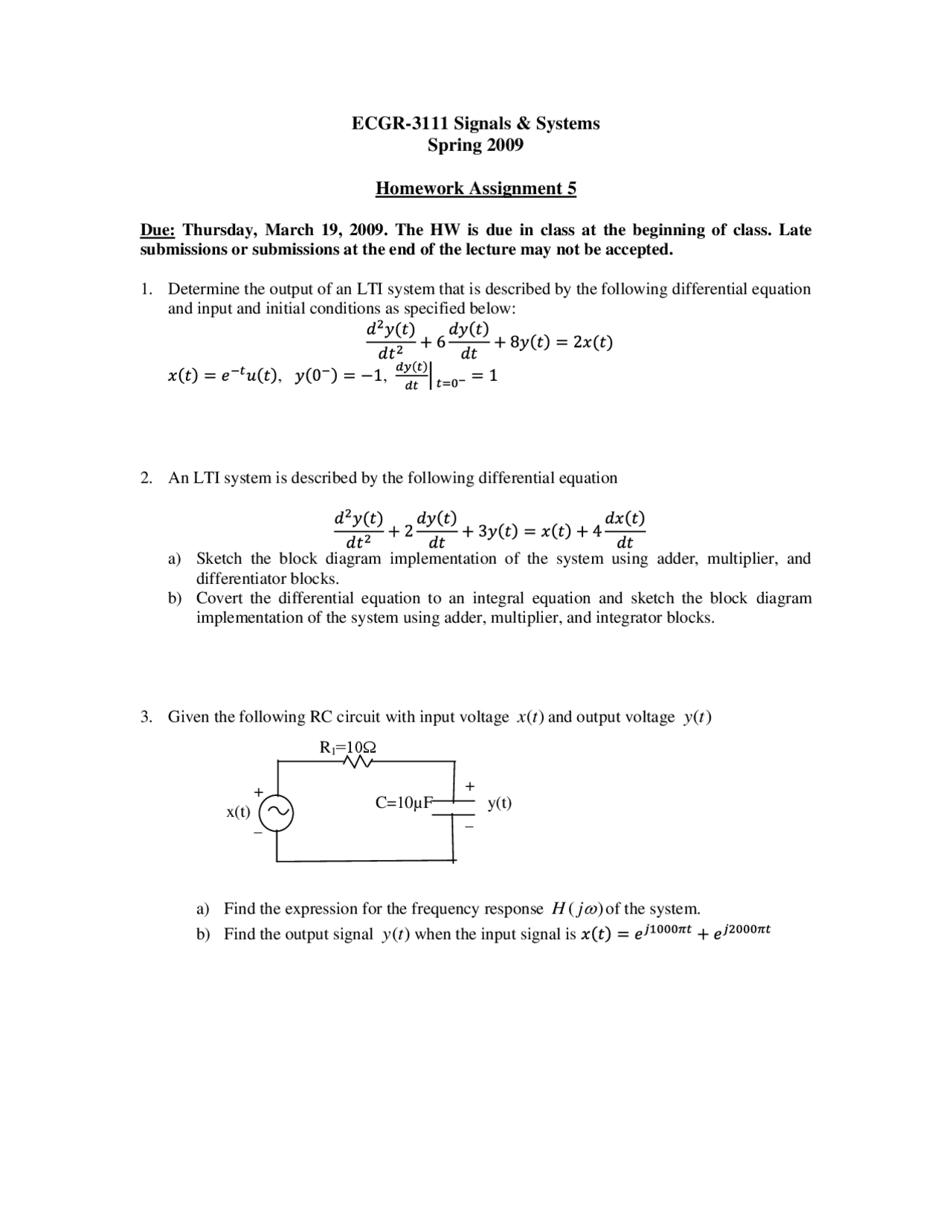 Assignment 5 For Signals And Systems Ecgr 3111 Docsity