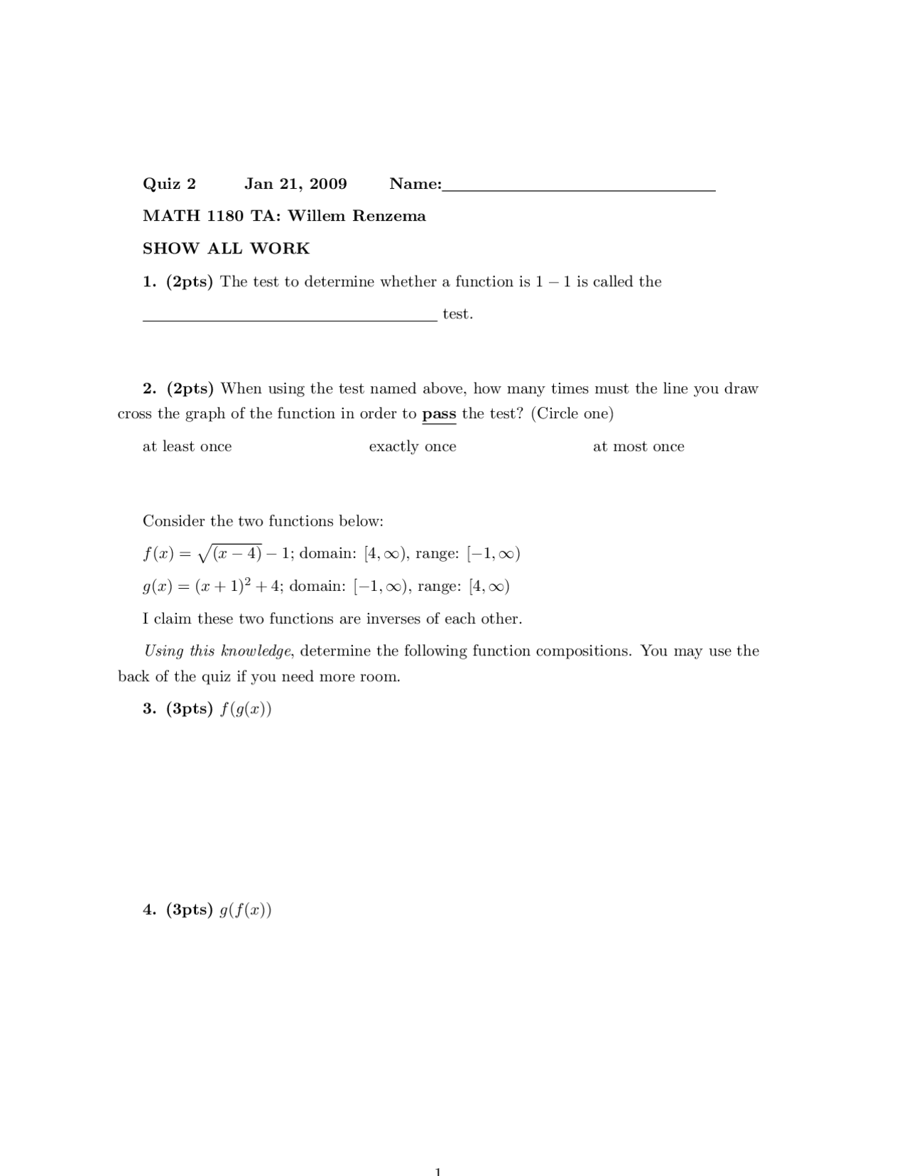Practice Quiz 2 Precalculus Mathematics Math 1180 Docsity