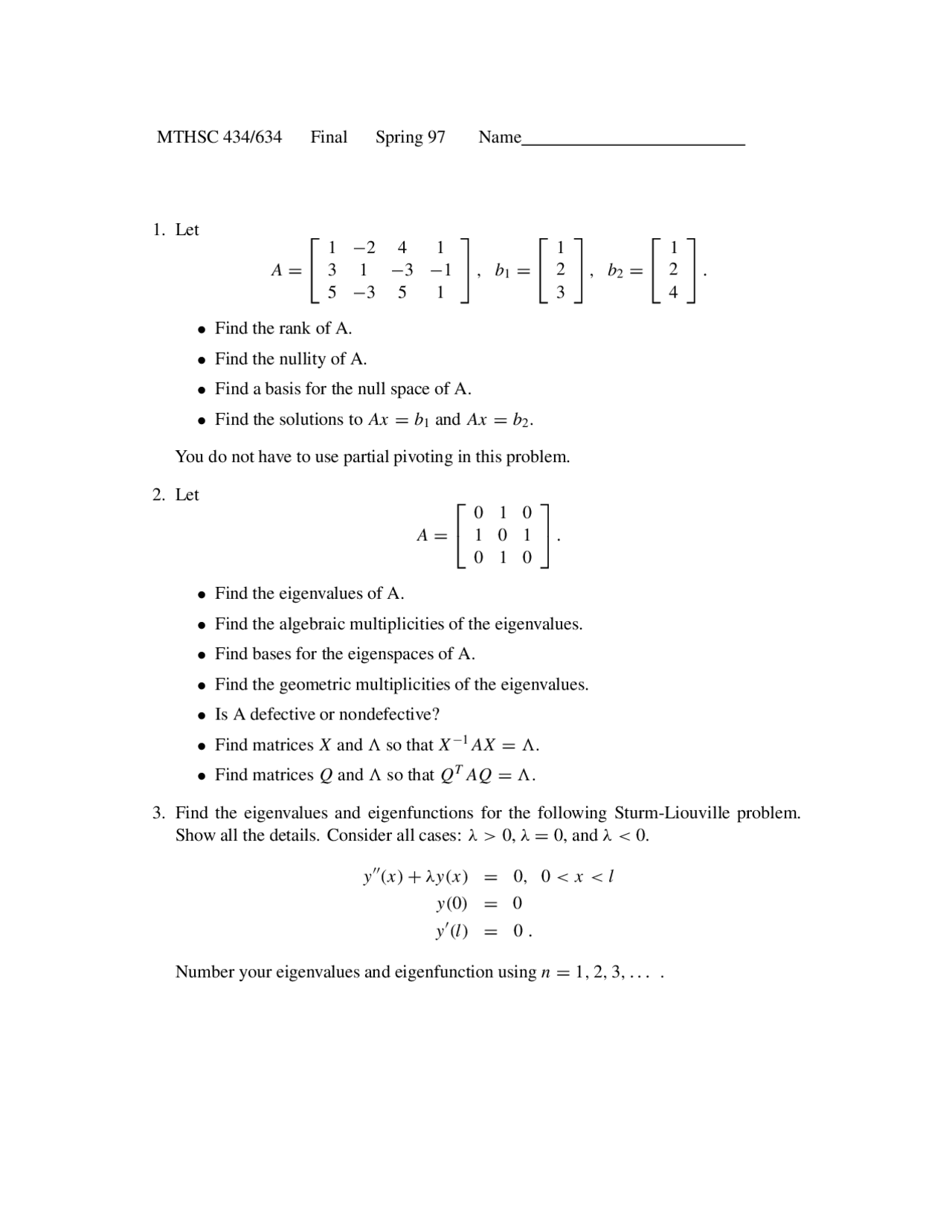 Final Exam Questions For Advanced Engineering Mathematics Mthsc 434