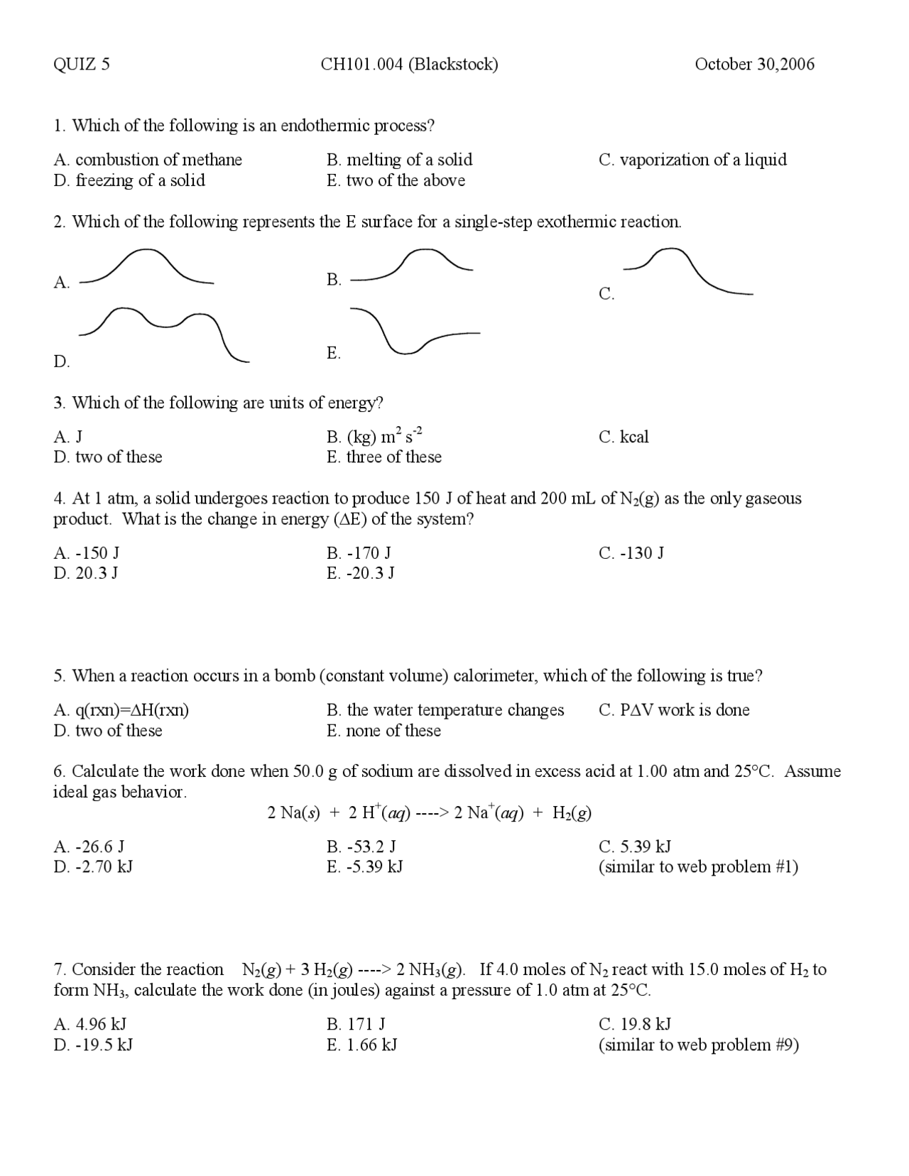 Quiz 5 With Multiple Choice For General Chemistry Ch 101 Docsity