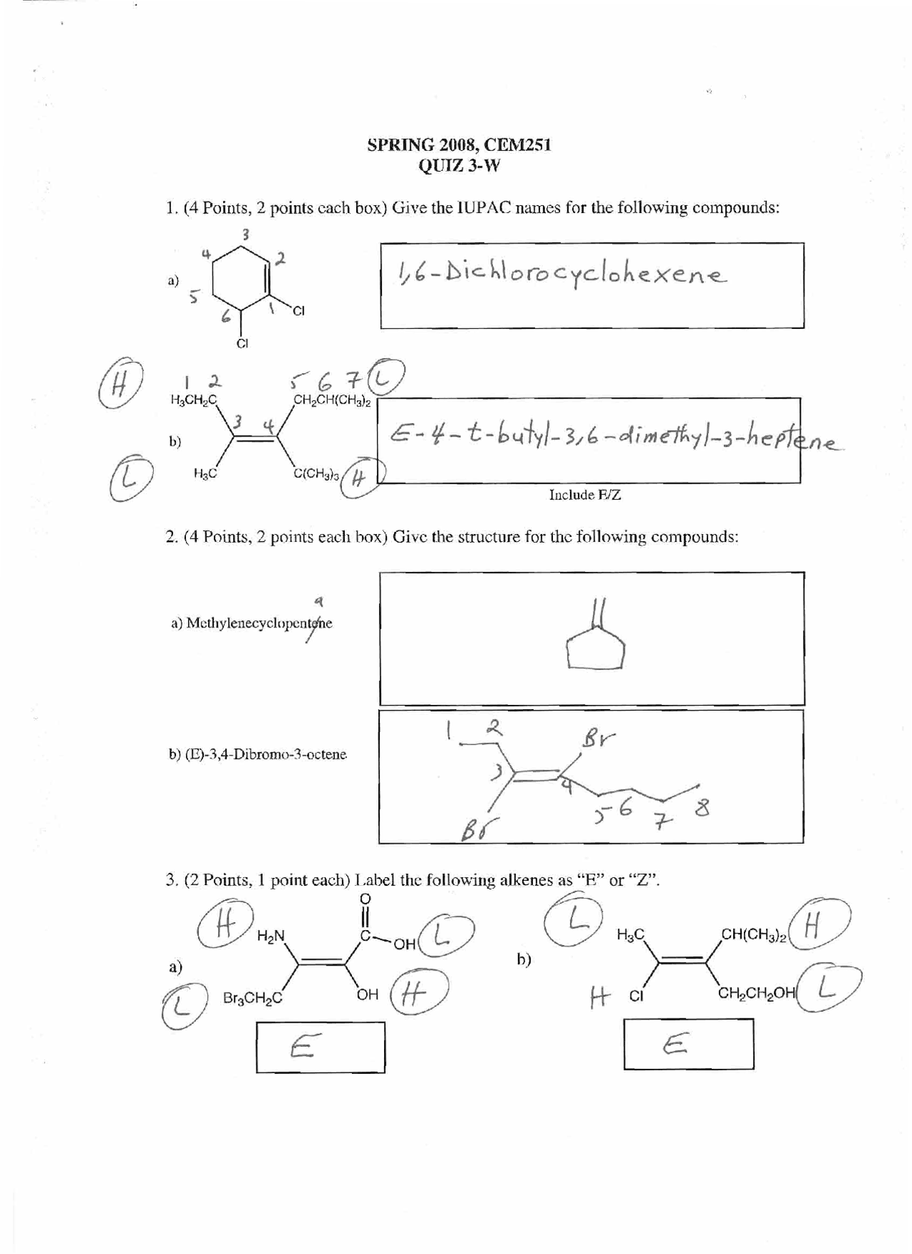 Quiz 3 With Solution Key Organic Chemistry I Cem 251 Docsity