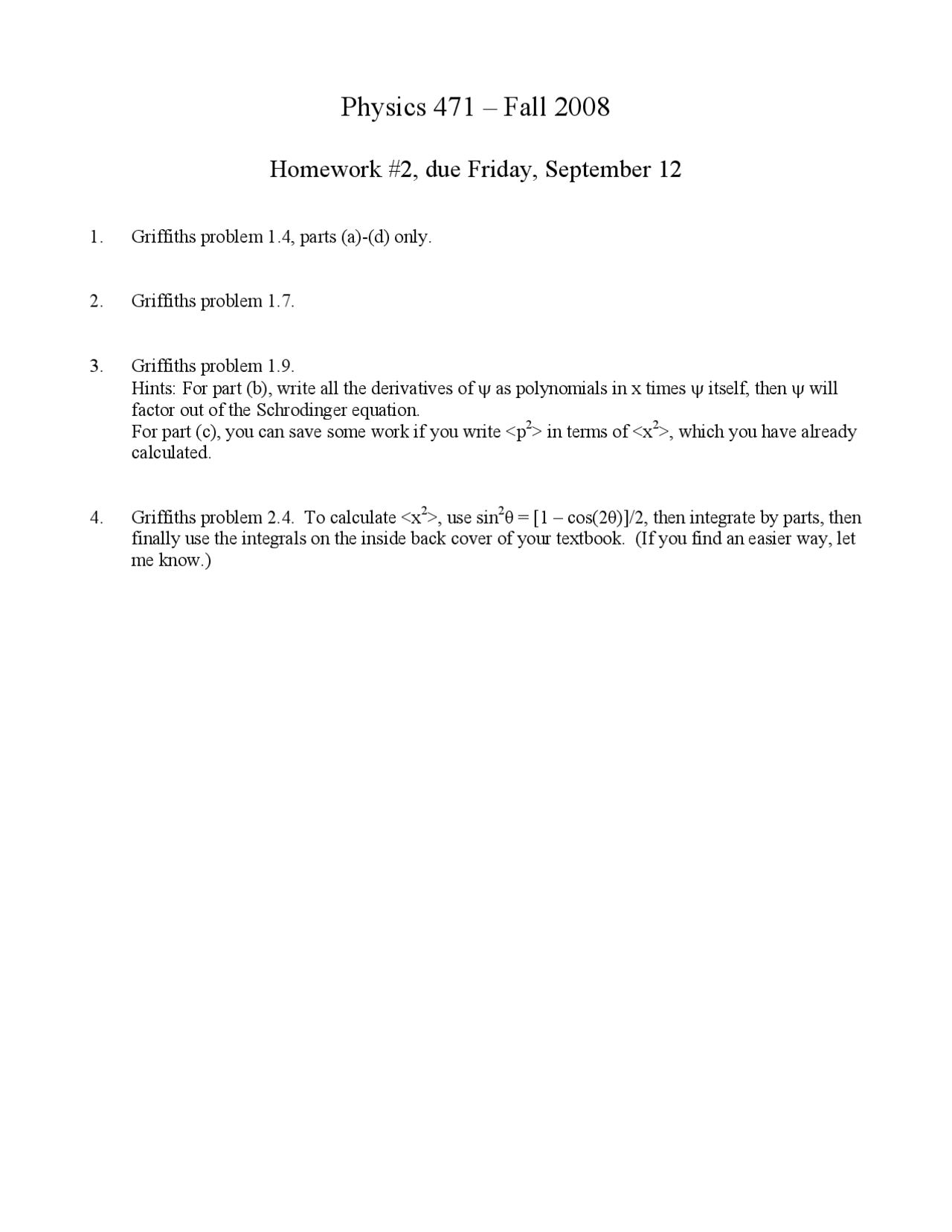 Quantum Physics I Homework 2 Questions Phy 471 Docsity