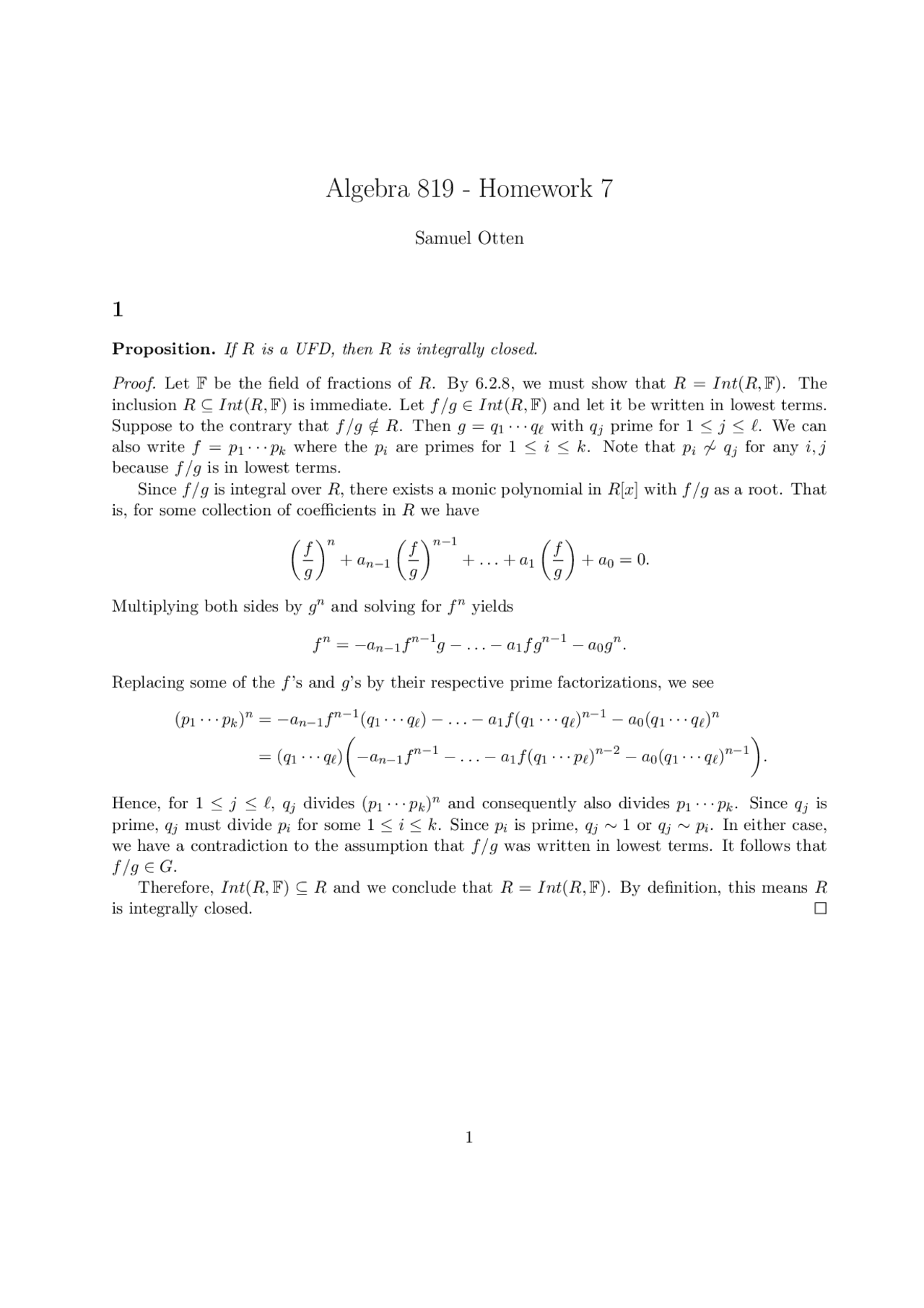 Homework 7 Solutions - Algebra I | MTH 818 | Assignments Algebra | Docsity