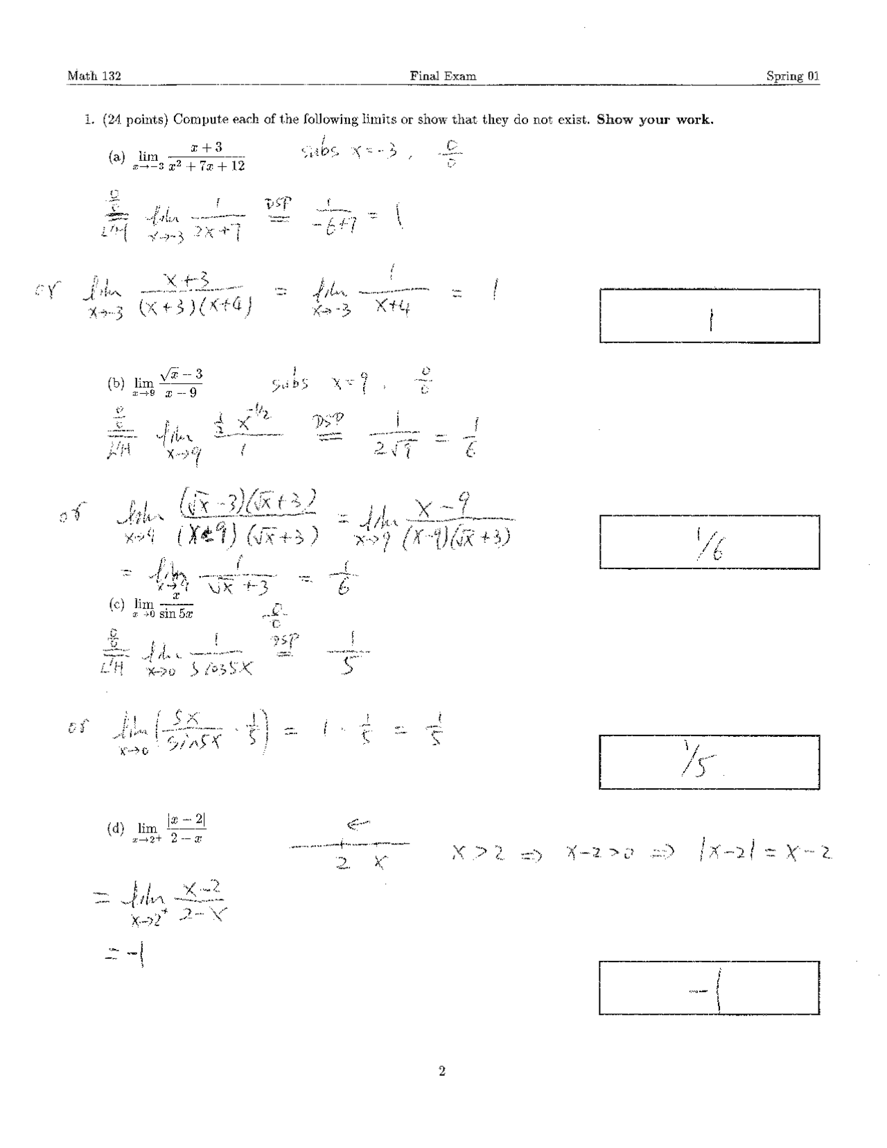 Past Final Exam Practice Problems On Calculus I Spring 2001 Mth 132