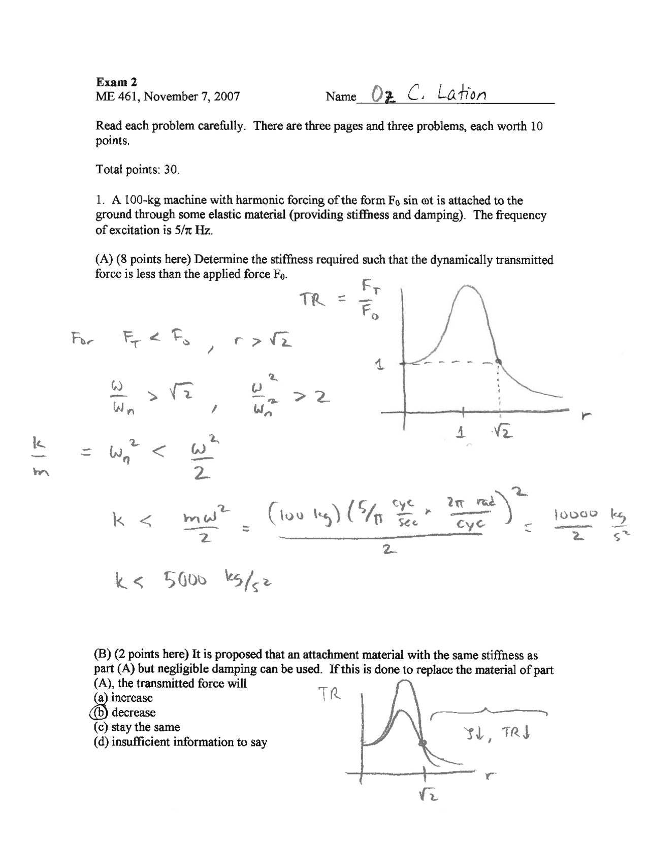 Exam # 2 - Mechanical Vibrations | ME 461 - Docsity