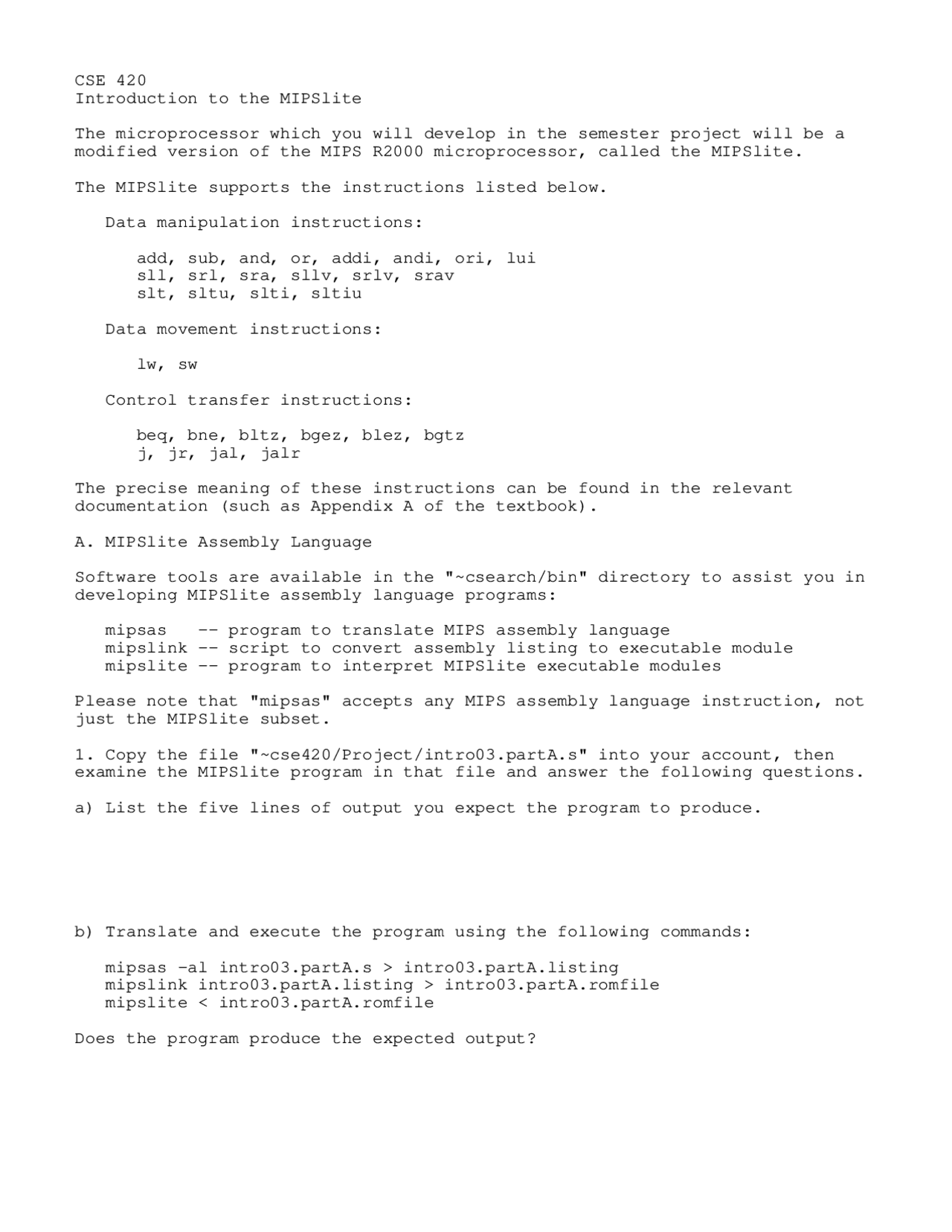 Introduction To The Mipslite Computer Architecture Cse 420 Docsity
