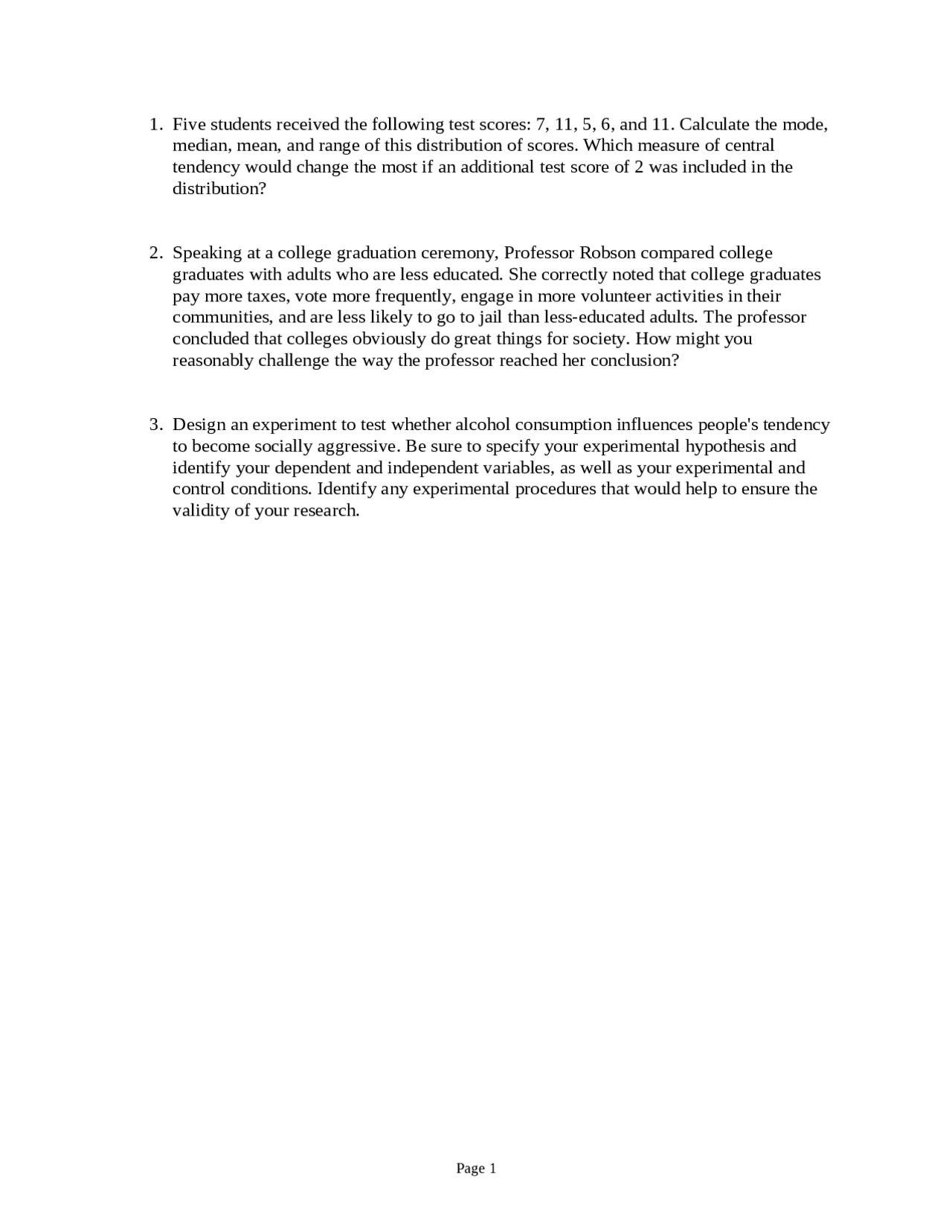 Introductory Psychology 3 Unsolved Questions For Exam Psy 101 Docsity