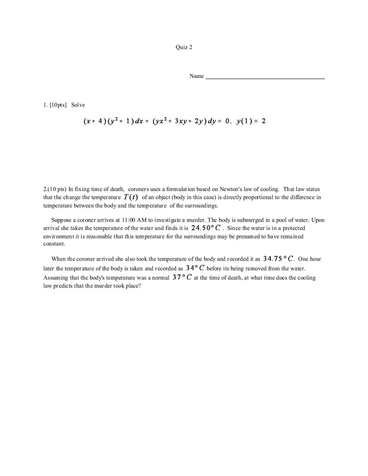 Solutions For Quiz 2 Differential Equations Math 3120 Docsity