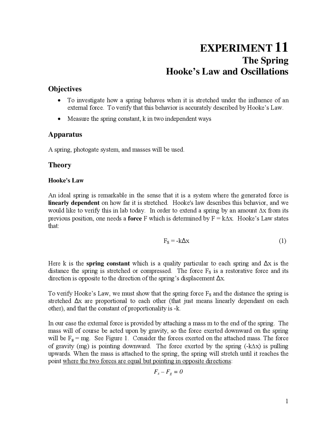 Introduction Physics Lab I Hookes Law And Oscillations Phy 251