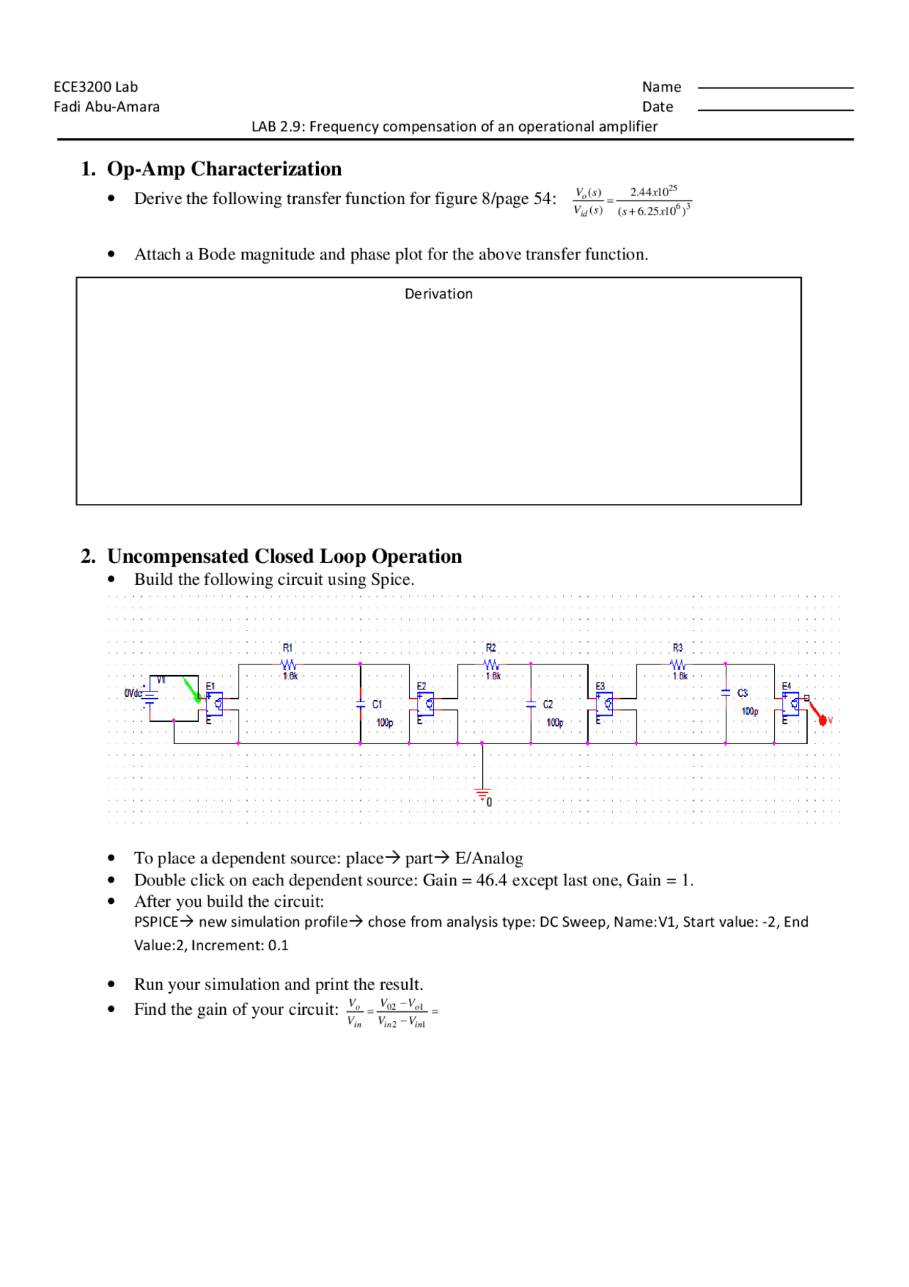 Frequency Compensation Of An Operational Amplifier Lab 2 Ece 3200