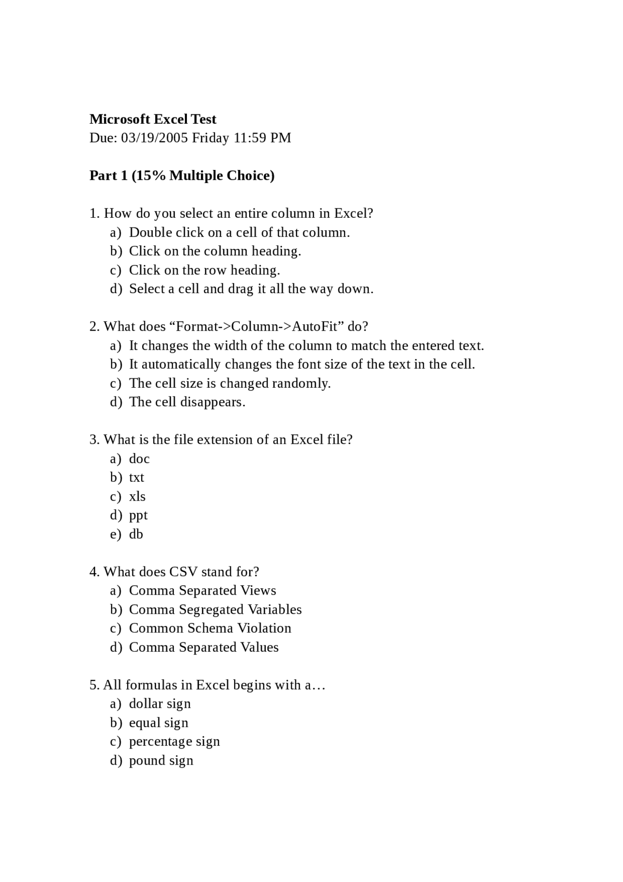 Microsoft Excel Test MCQs - Introduction Information Technology | CP SC ...