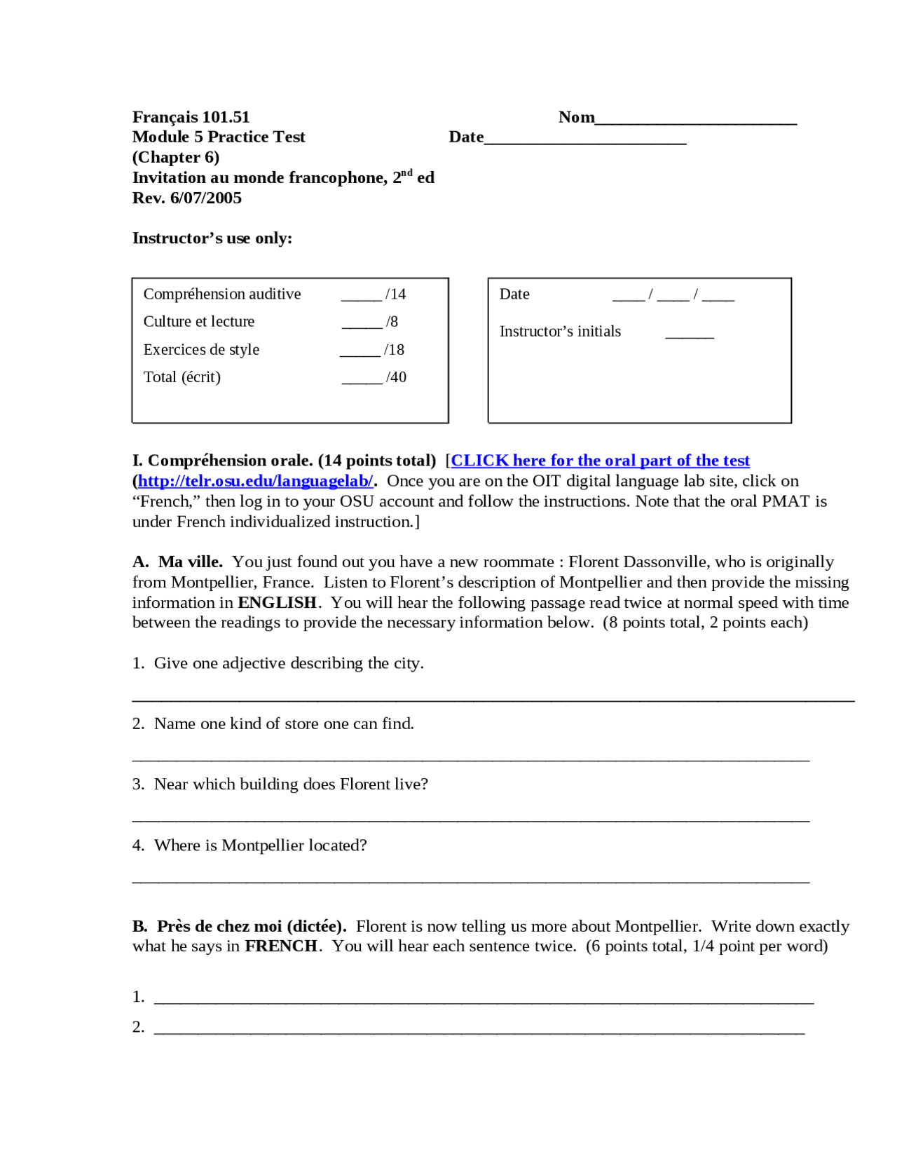 Exam 5 For French Classroom Track French 101 Docsity