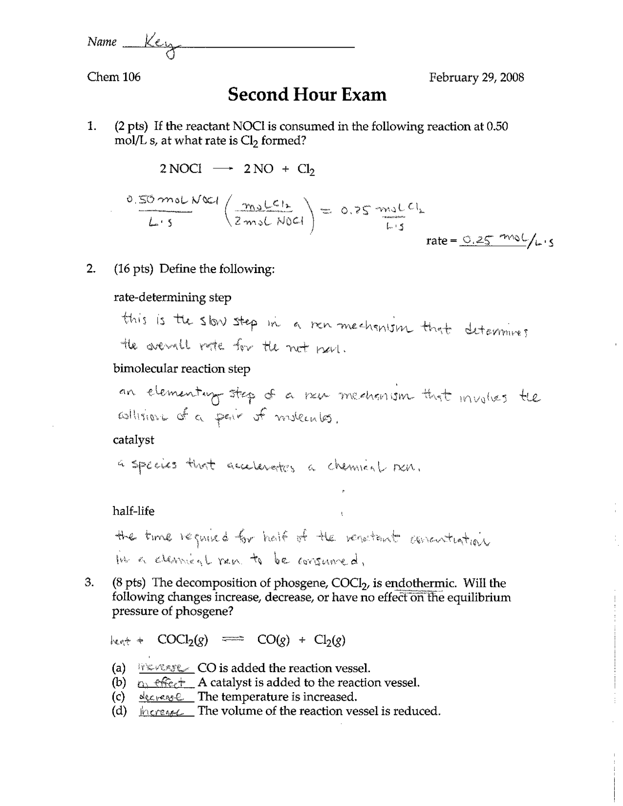 Exam 2 Key for Questions - General Chemistry II | CHEM 106 - Docsity