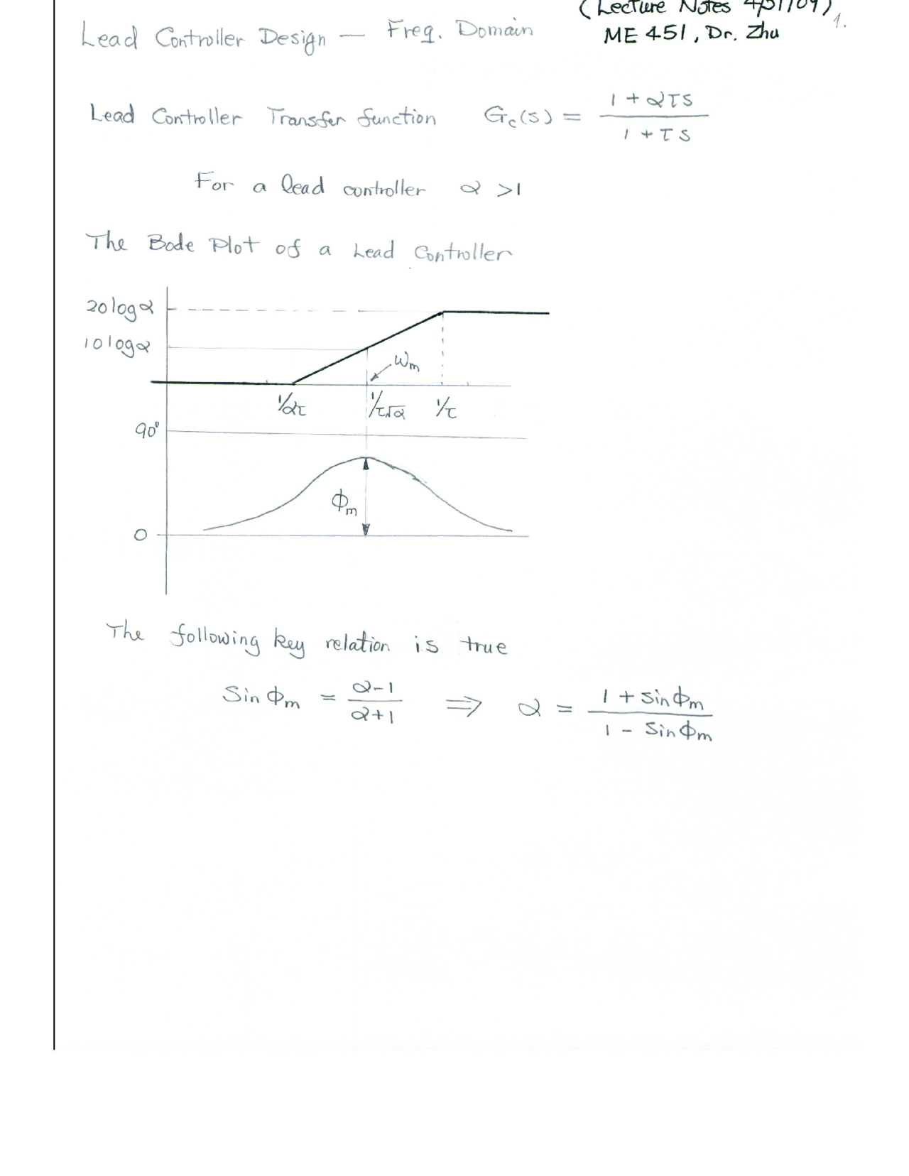 Handwritten Notes On Lead Controller Design Me 451 Docsity