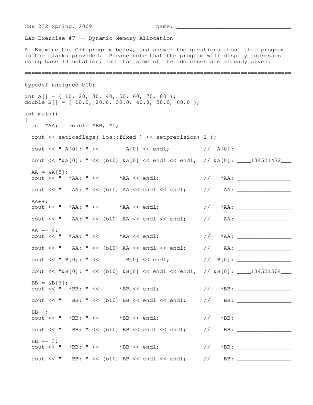 Dynamic Memory Allocation Laboratory 7 Cse 232 Docsity